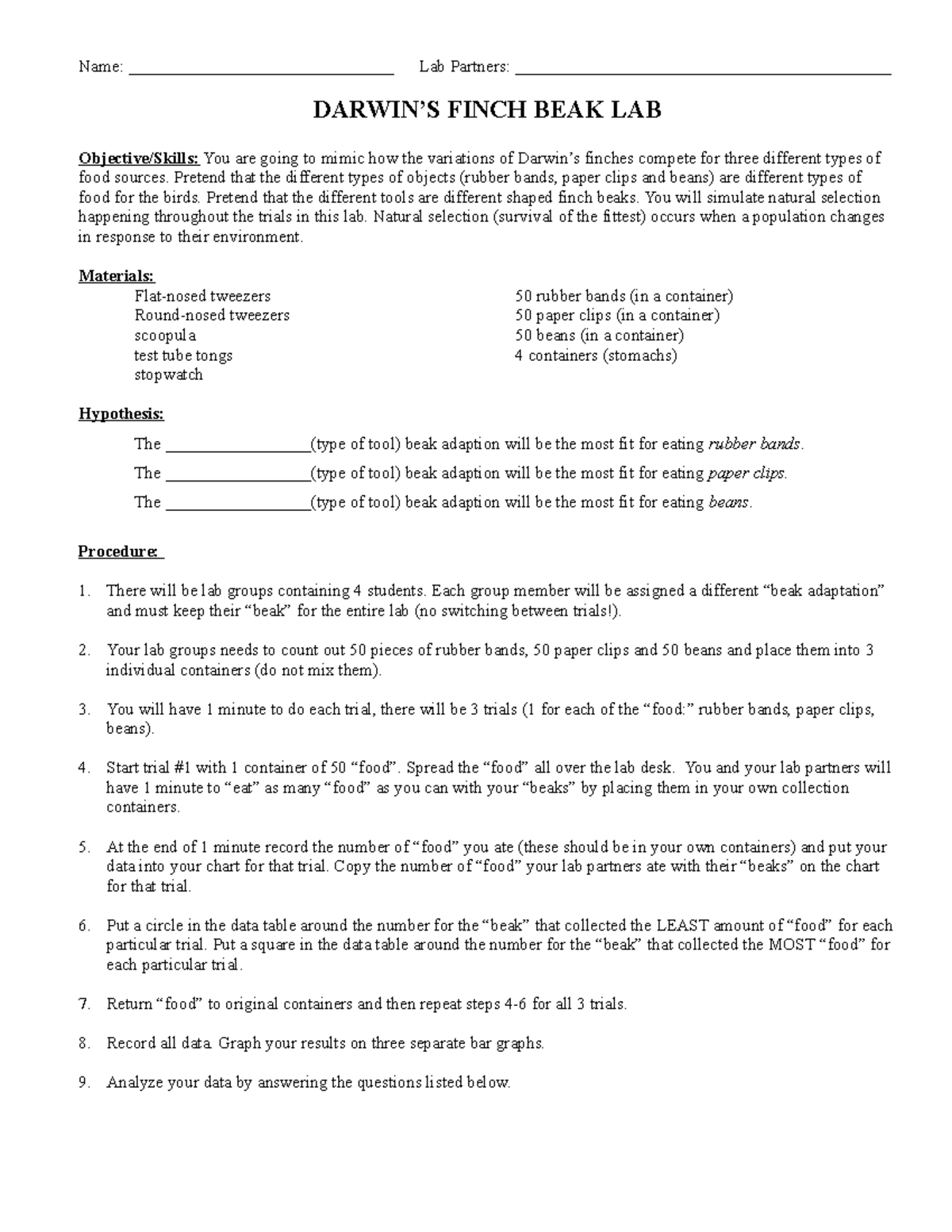 FBio Finch Beak Lab - just some notes to help kids study - Name