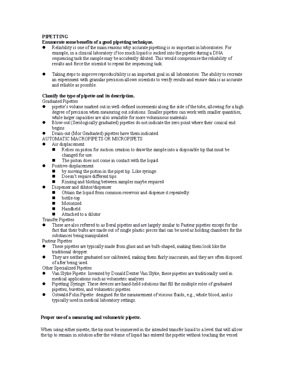 Clinical chemistry assignment 04 - PIPETTING Enumerate some benefits of ...