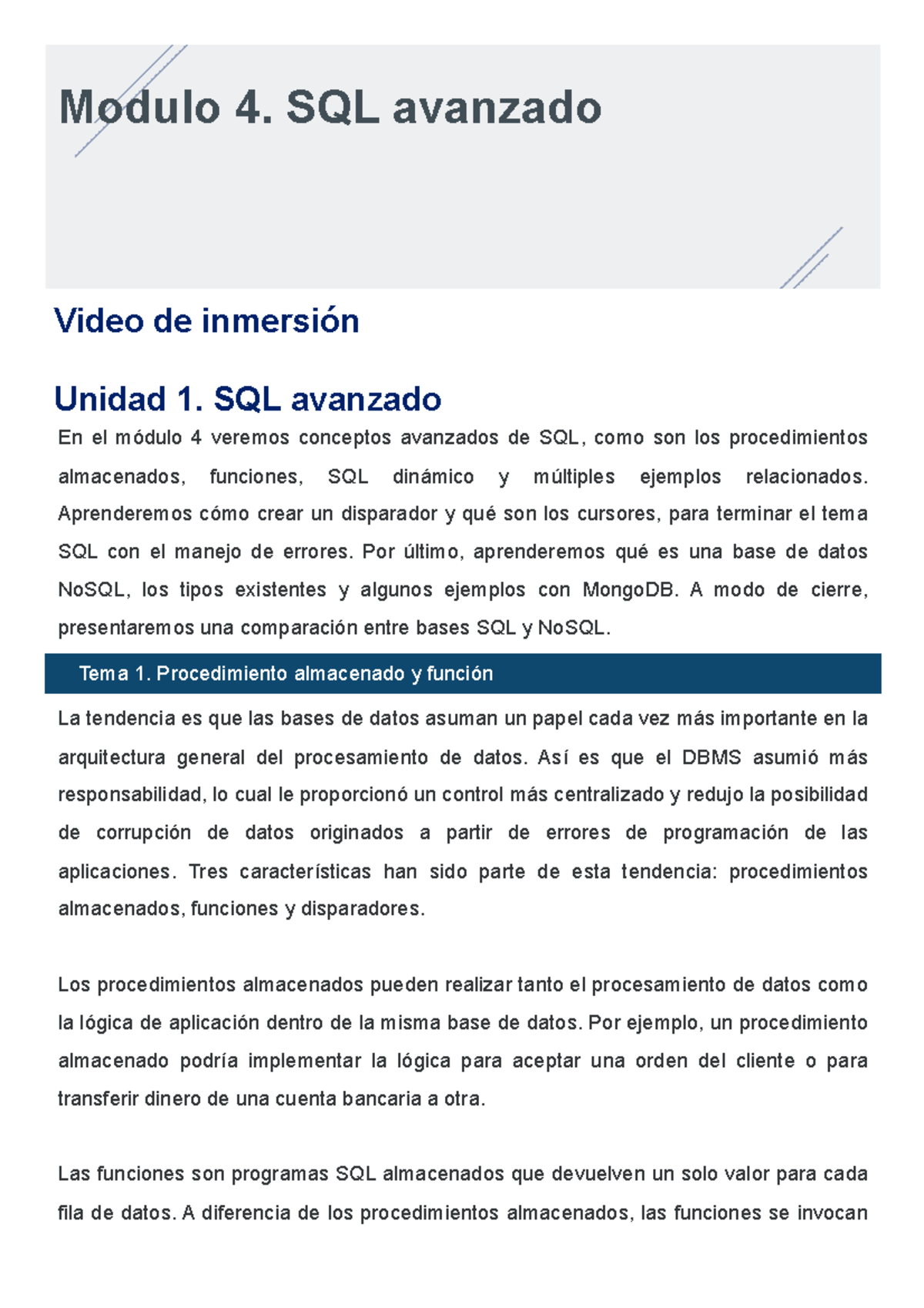 Módulo 4 Bases de datos - Modulo 4. SQL avanzado Video de inmersión ...