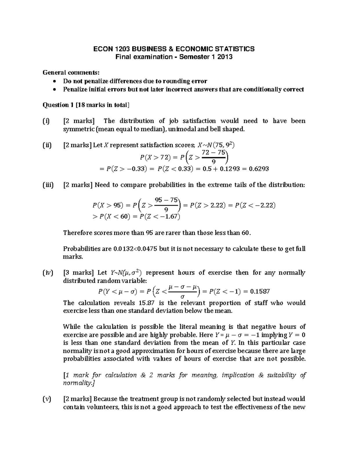 Exam June 2013, answers - ECON 1203 BUSINESS ECONOMIC STATISTICS Final ...