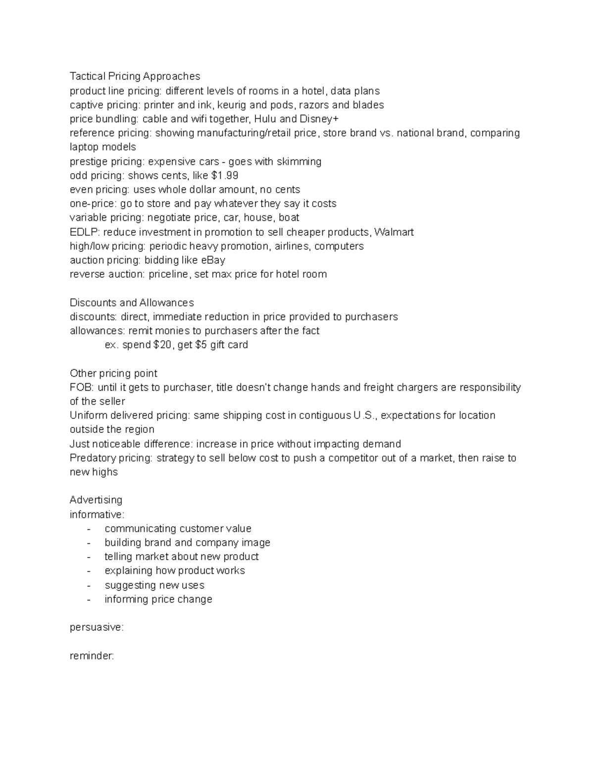 MKT 291 In Class Final Review - Tactical Pricing Approaches product ...