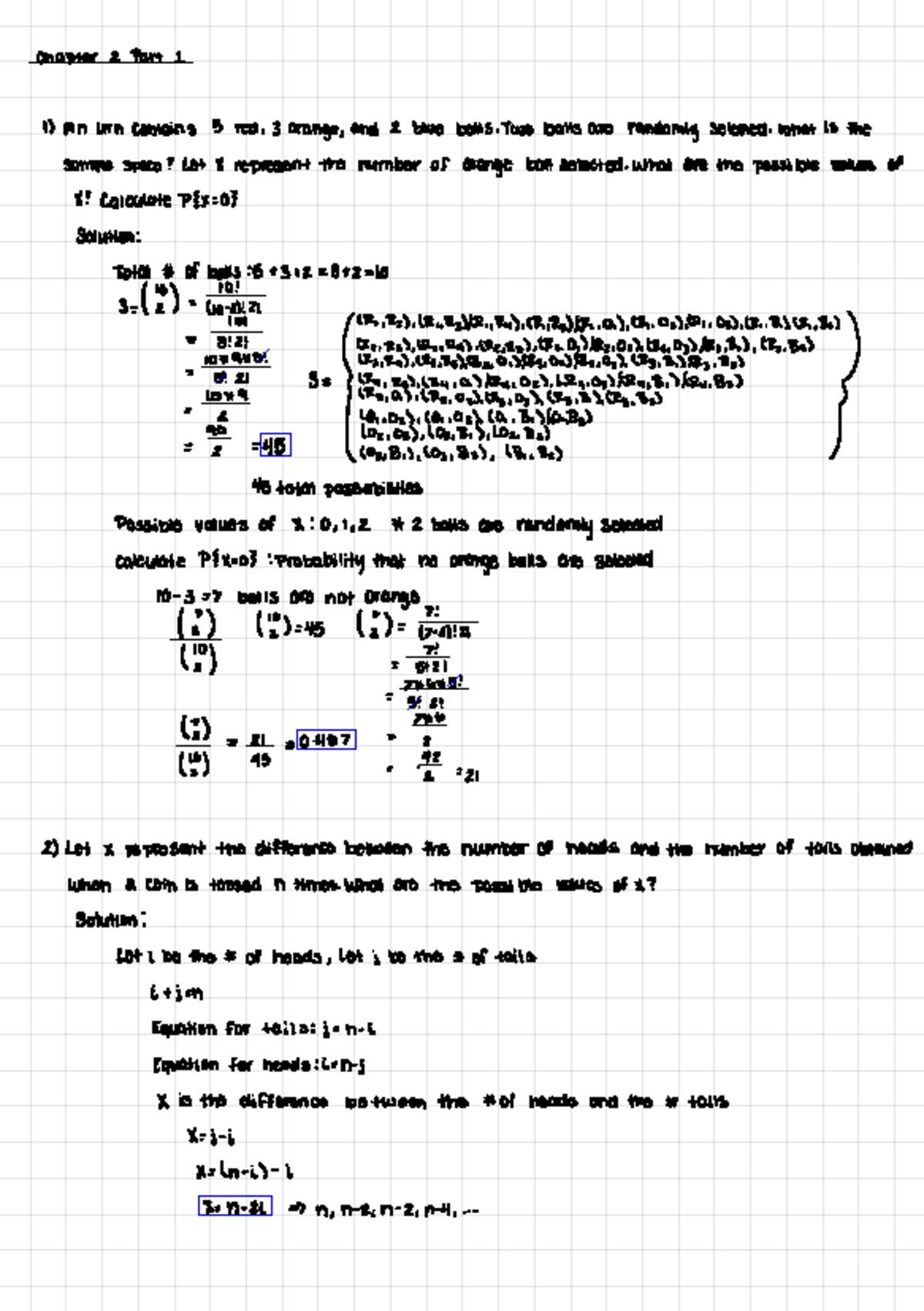 Chapter 2 Part 1 - &ter 2 Part 1 1) An urn contains 5 red, 3 orange, and I blue balls. Two balls ...