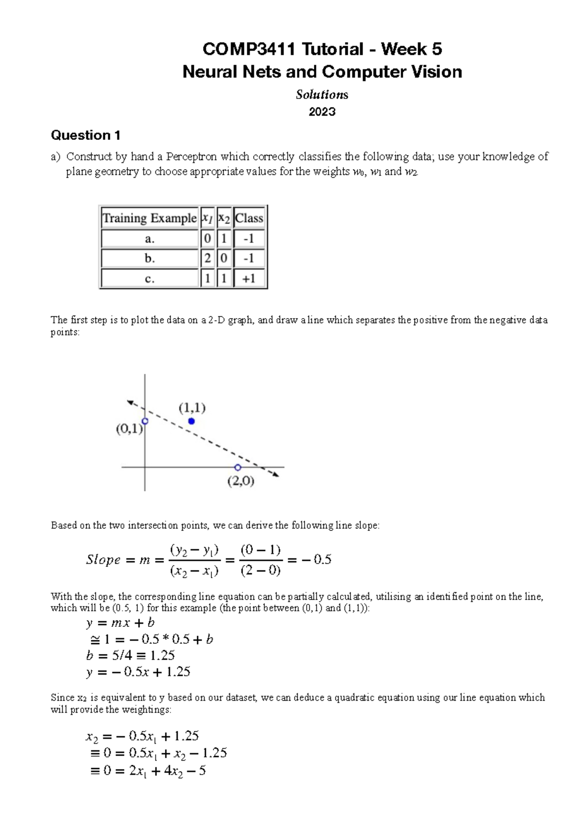 23T1 Week 5 Tutorial Solutions - Question 1 a) Construct by hand a Perceptron which correctly ...