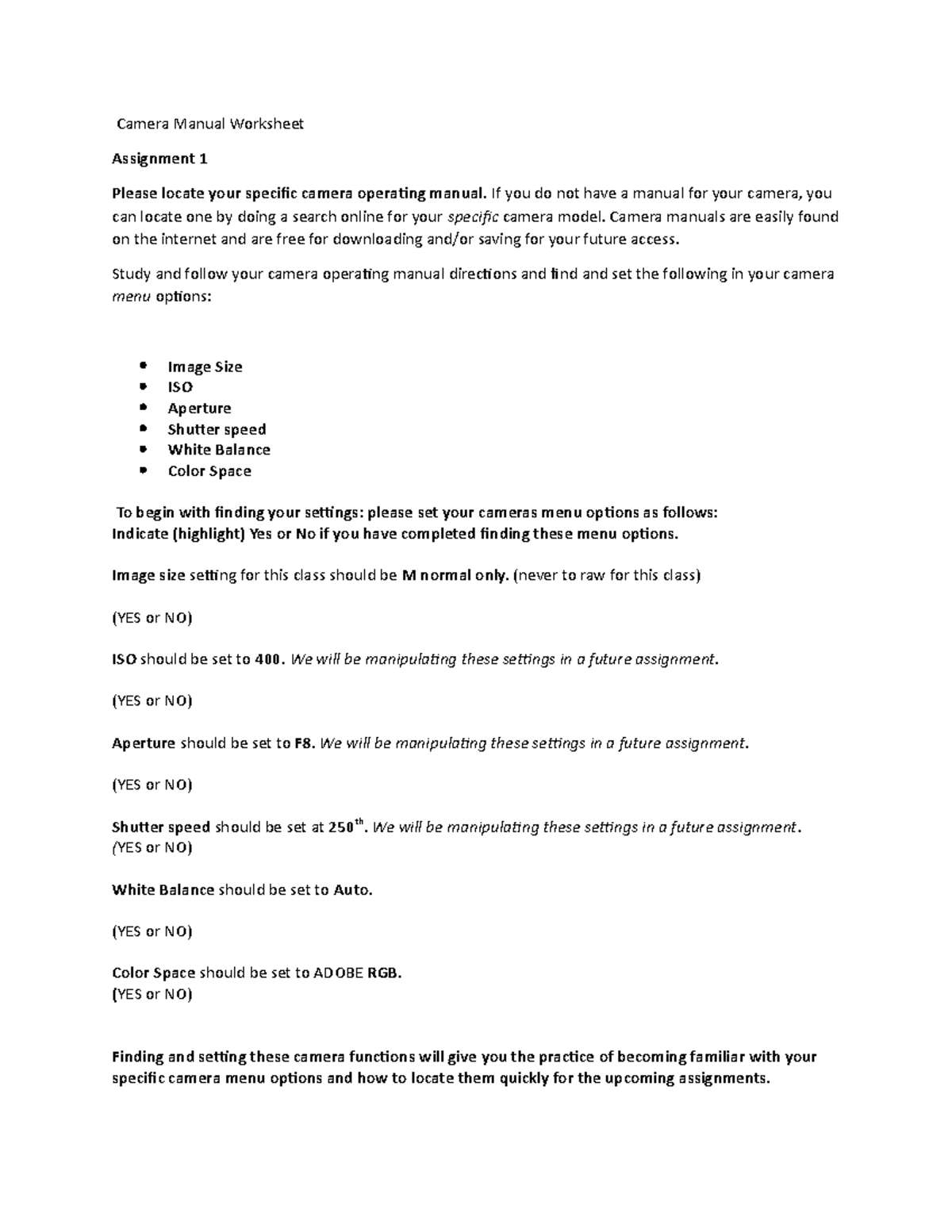Camera Manual Worksheet-1 - Camera Manual Worksheet Assignment 1 Please ...