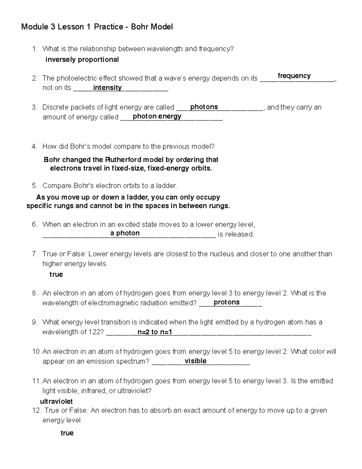 Module 3 Lesson 1 Practice - Bohr Model - Module 3 Lesson 1 Practice ...