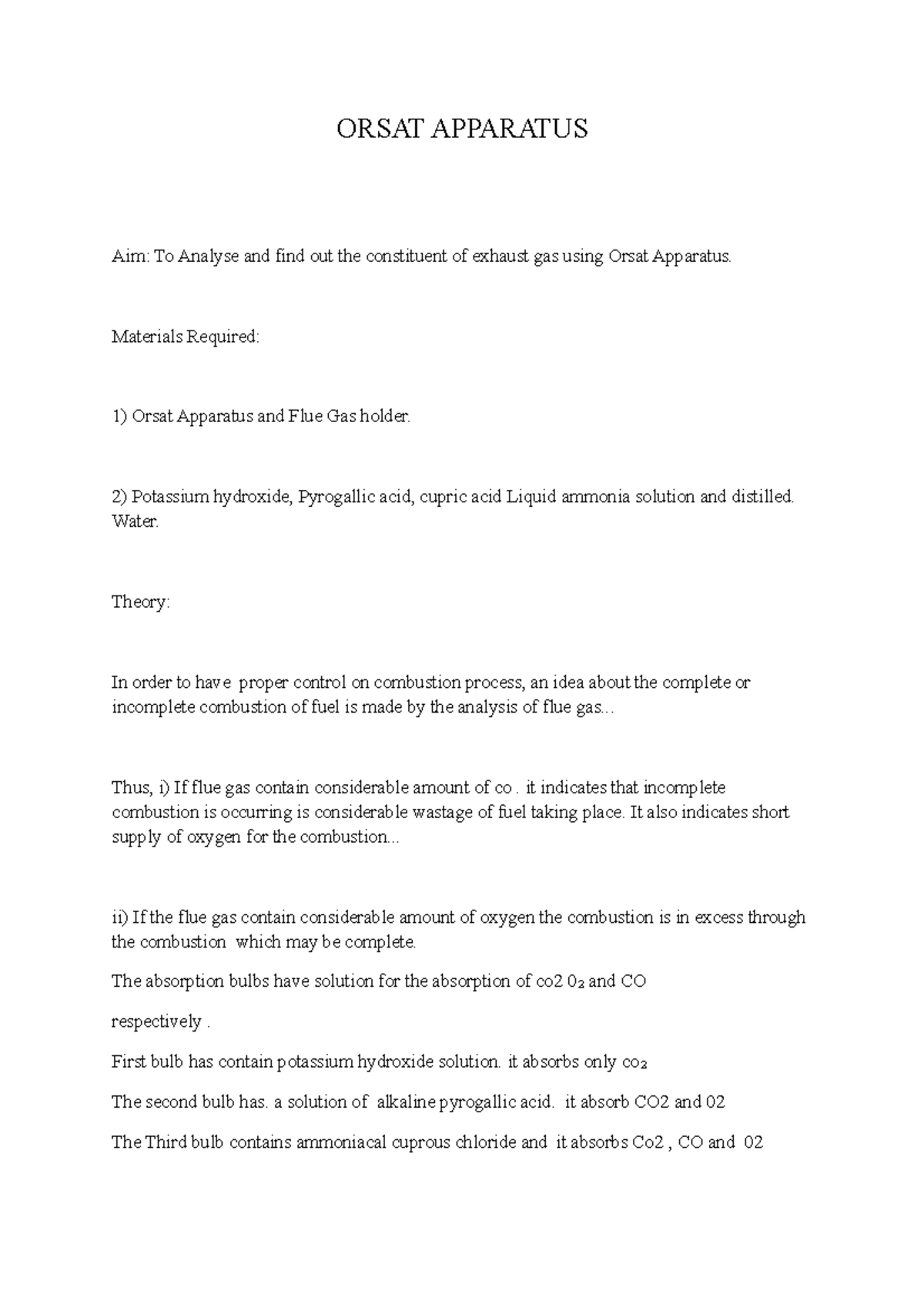 Orsat Apparatus - Materials Required: Orsat Apparatus and Flue Gas ...