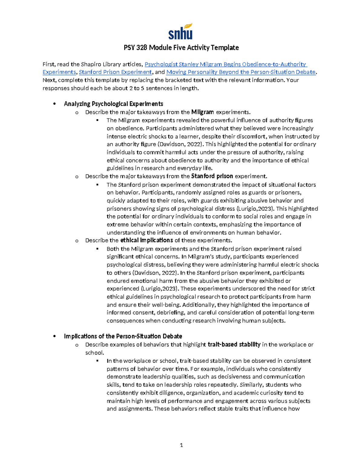 PSY 328 Module Five Activity - Next, complete this template by replacing the bracketed text with ...