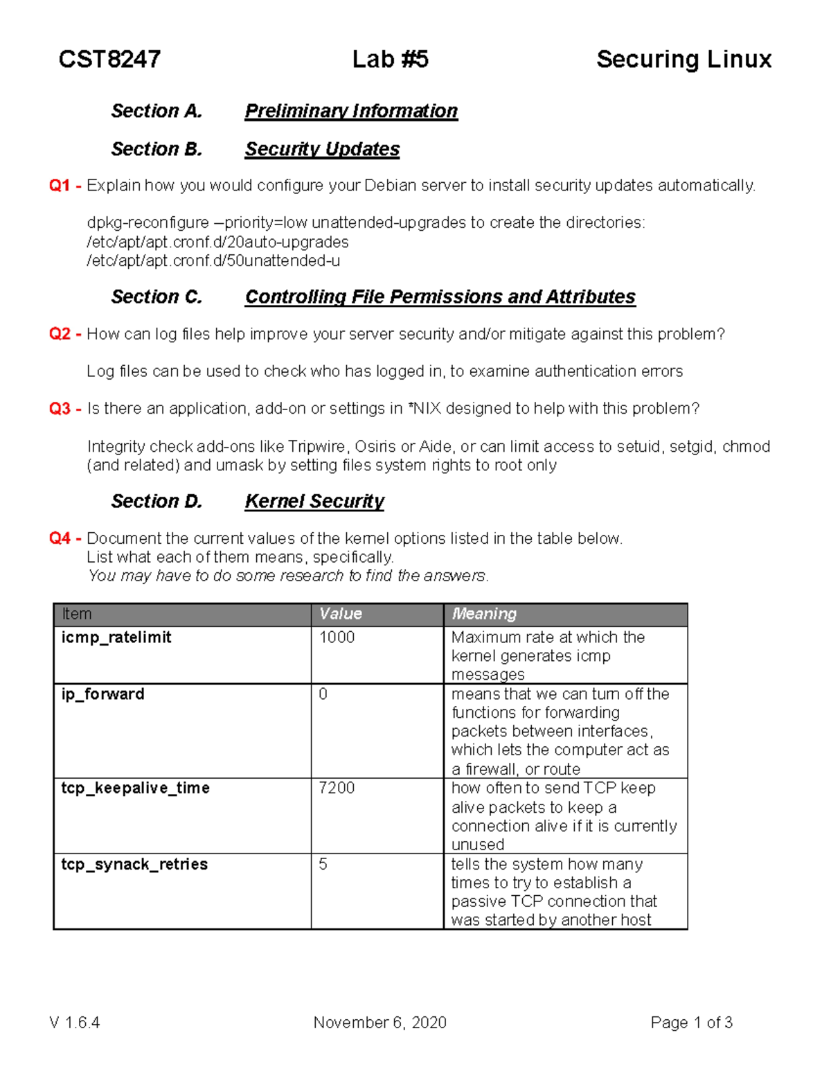 CST8247 Lab05 - Securing Linux (Answer Sheet)Revised 1 - CST8247 Lab #5 Securing Linux V 1.6 ...