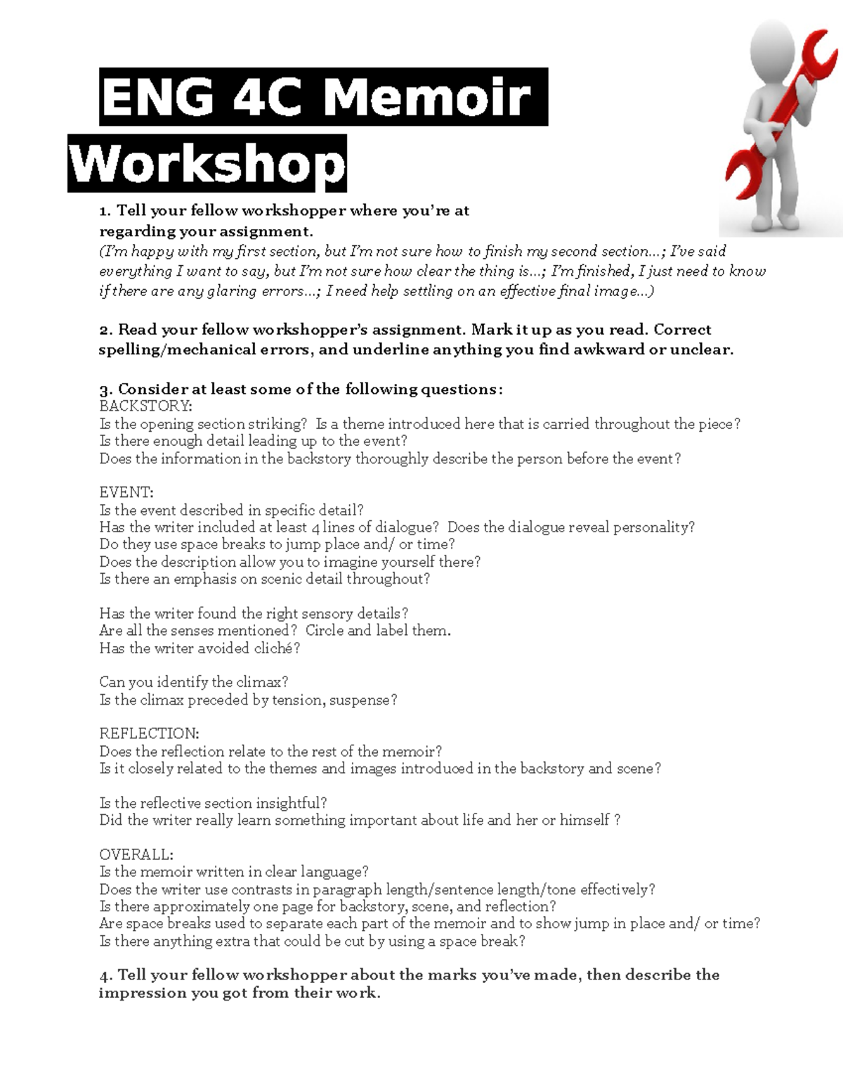Memoir Workshop 4C - Notes - ENG 4 C Memoir Workshop 1. Tell your ...