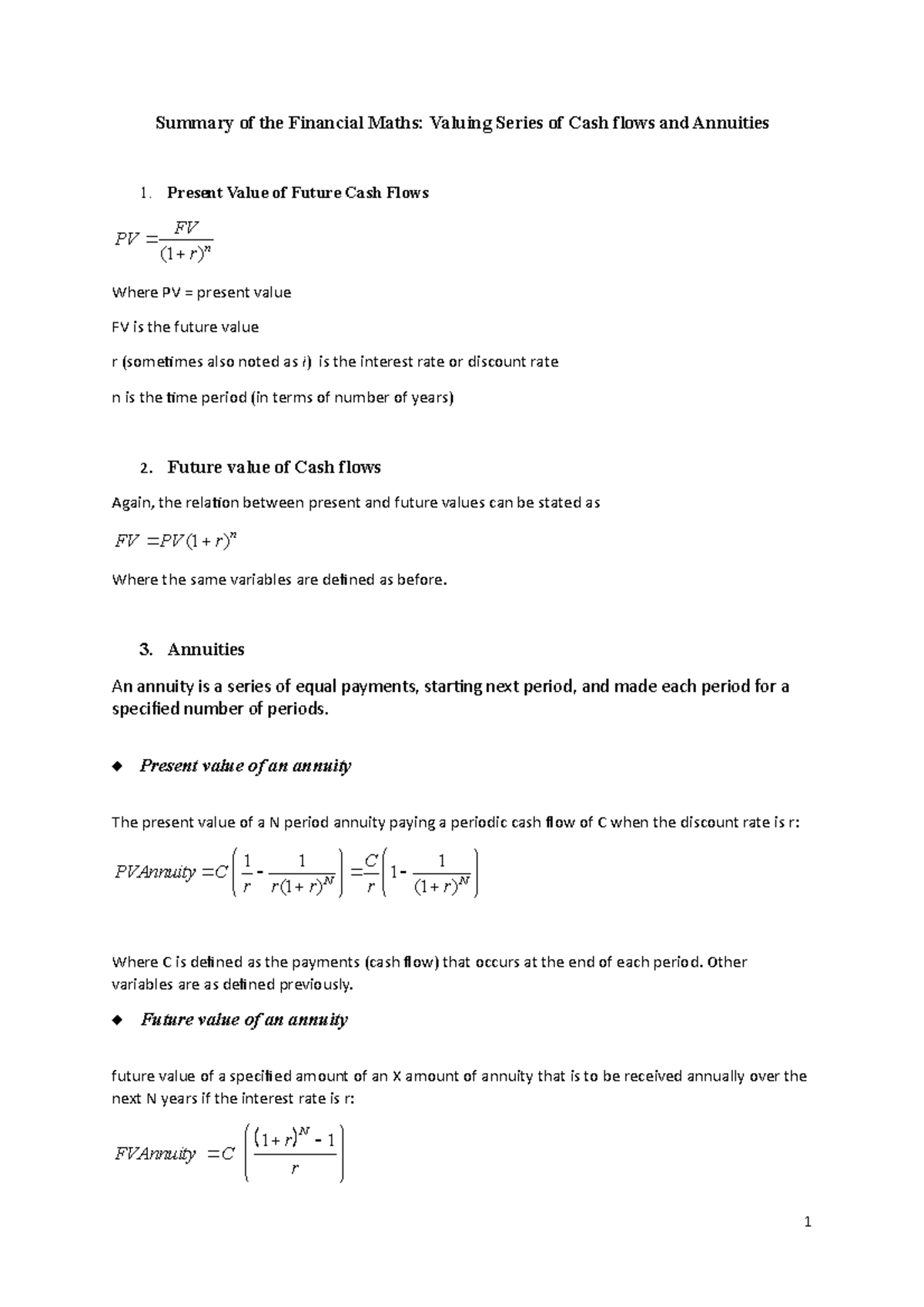 Formula Sheet ACCT2285 - Summary of the Financial Maths: Valuing Series ...