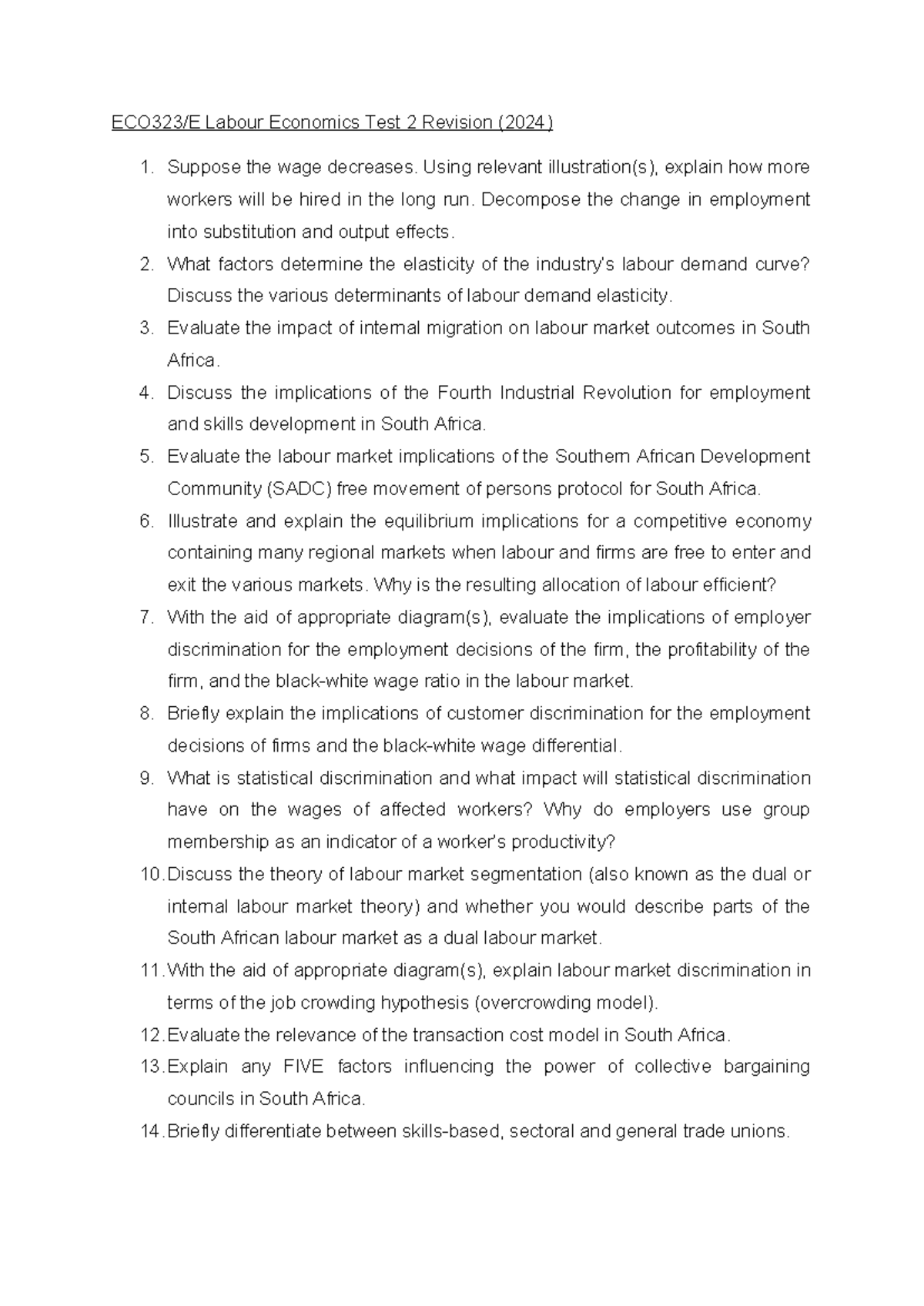 ECO323 test 2 revision questions - ECO323/E Labour Economics Test 2 ...