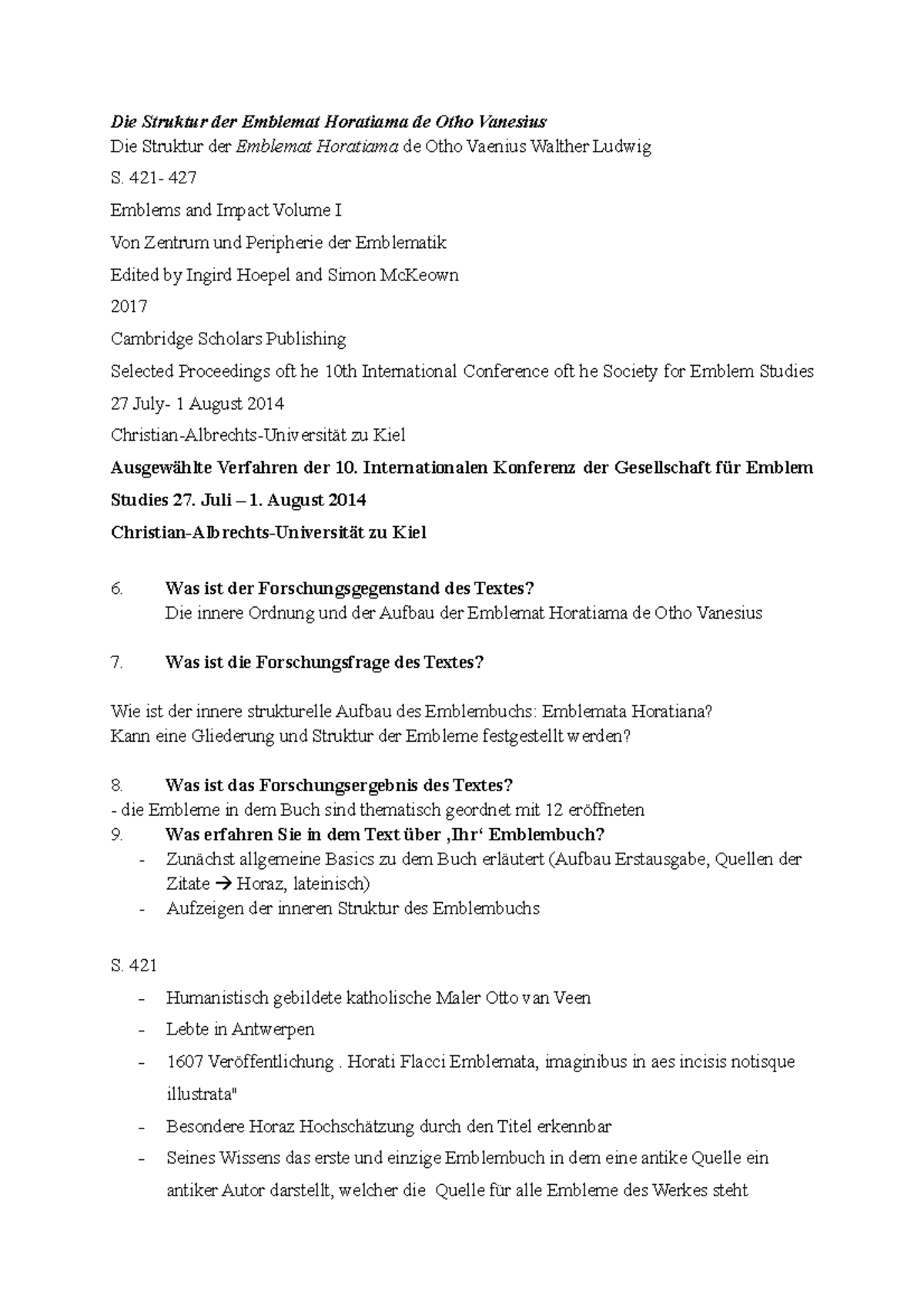 Die struktur der Emblemat Horatiama de Otho Vanesiu - 421- 427 Emblems ...