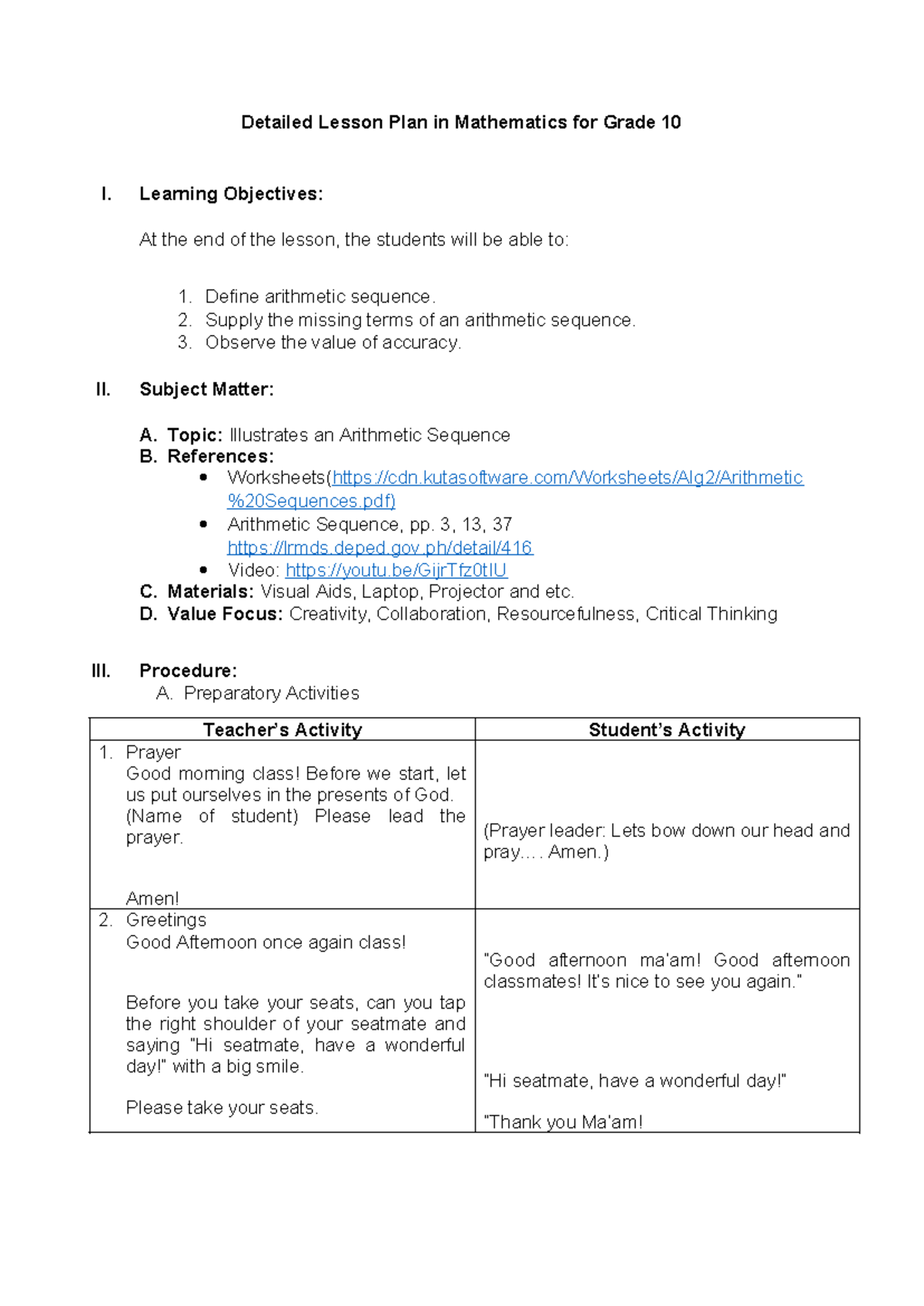 detailed Lesson Plan - Learning Objectives: At the end of the lesson ...