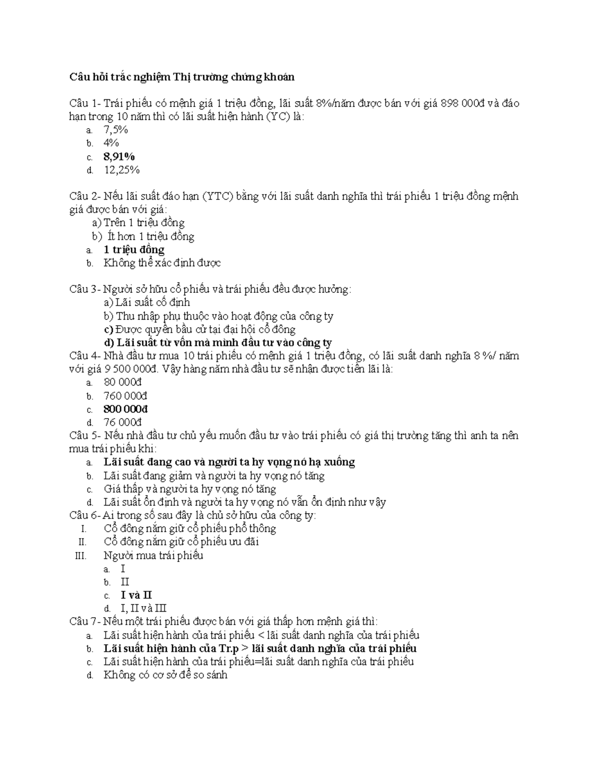 Cau hoi trac nghiem thi truong chung khoan - Câu hỏi trắc nghiệm Thị trường chứng khoán Câu 1 ...