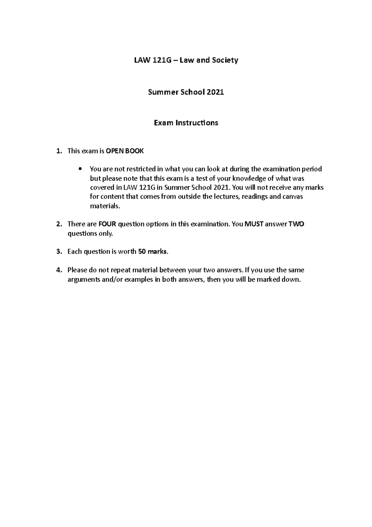 Summer School Exam Questions - LAW 121G - LAW 121G – Law and Society ...