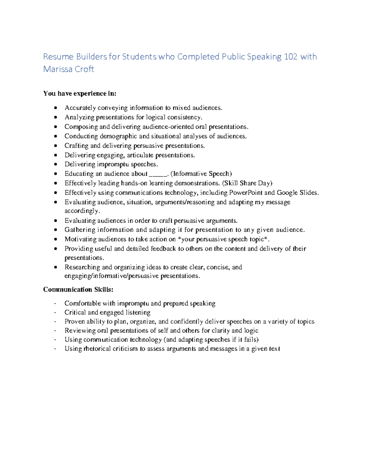 Resume Builders - Public Speaking 102 - Resume Builders for Students ...