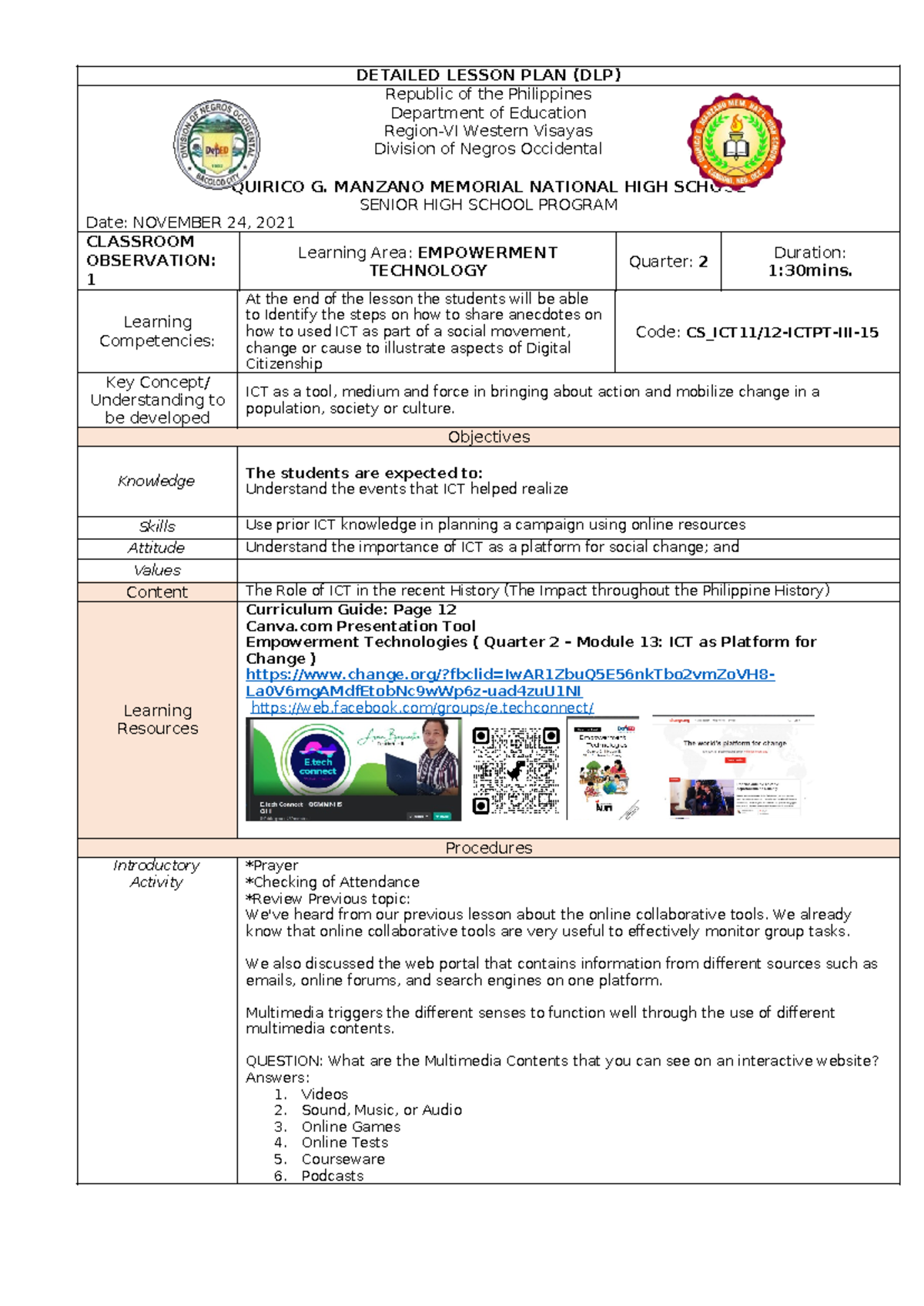 555064114 Detailed Lesson PLAN - DETAILED LESSON PLAN (DLP) Republic of ...