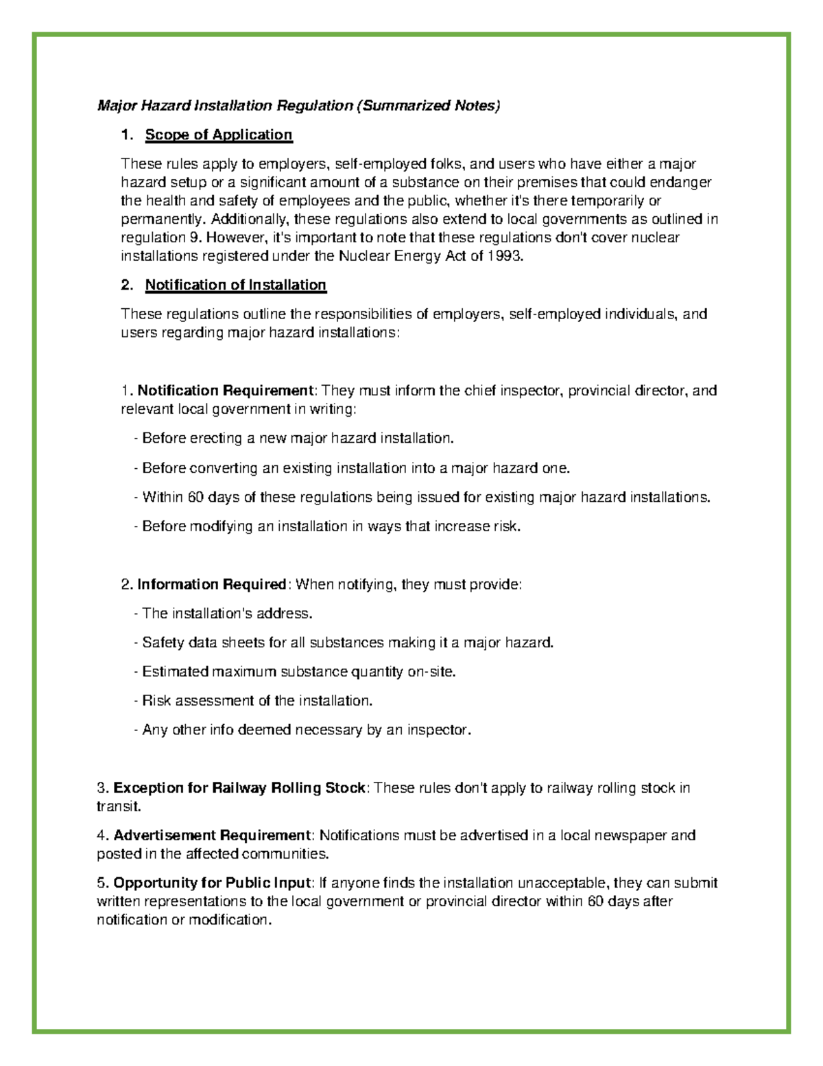 Major Hazard Installation Regulation (Summaried Noted) - Additionally ...