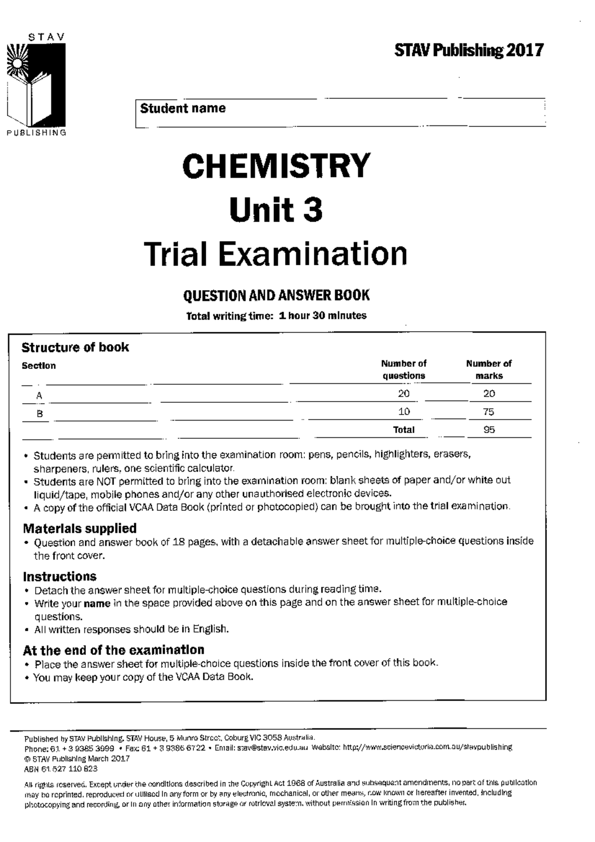 [Chemistry] 2017 STAV Unit 3 Exam - Studocu
