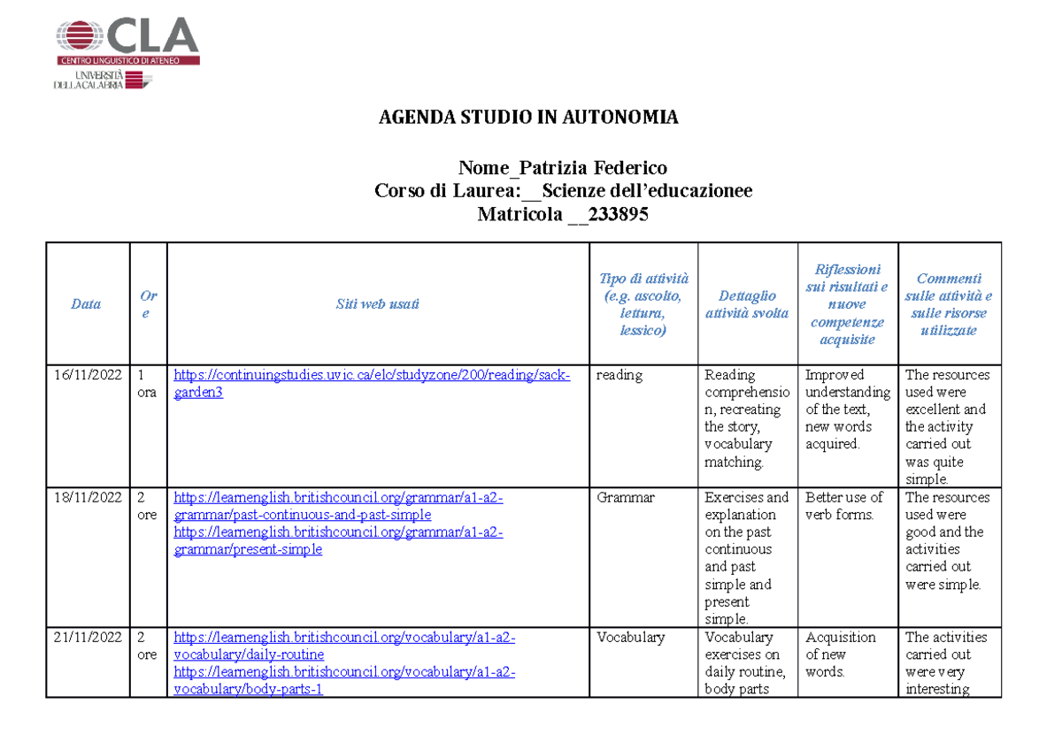 Agenda studio in autonomia - AGENDA STUDIO IN AUTONOMIA Nome_Patrizia Federico Corso di - Studocu