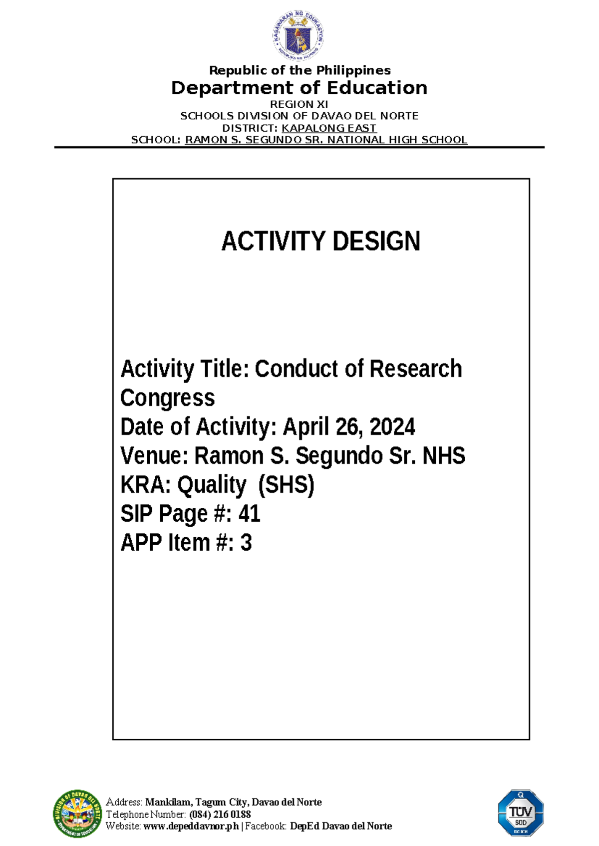 Research Congress Activity Design-Template School-downloadable ...