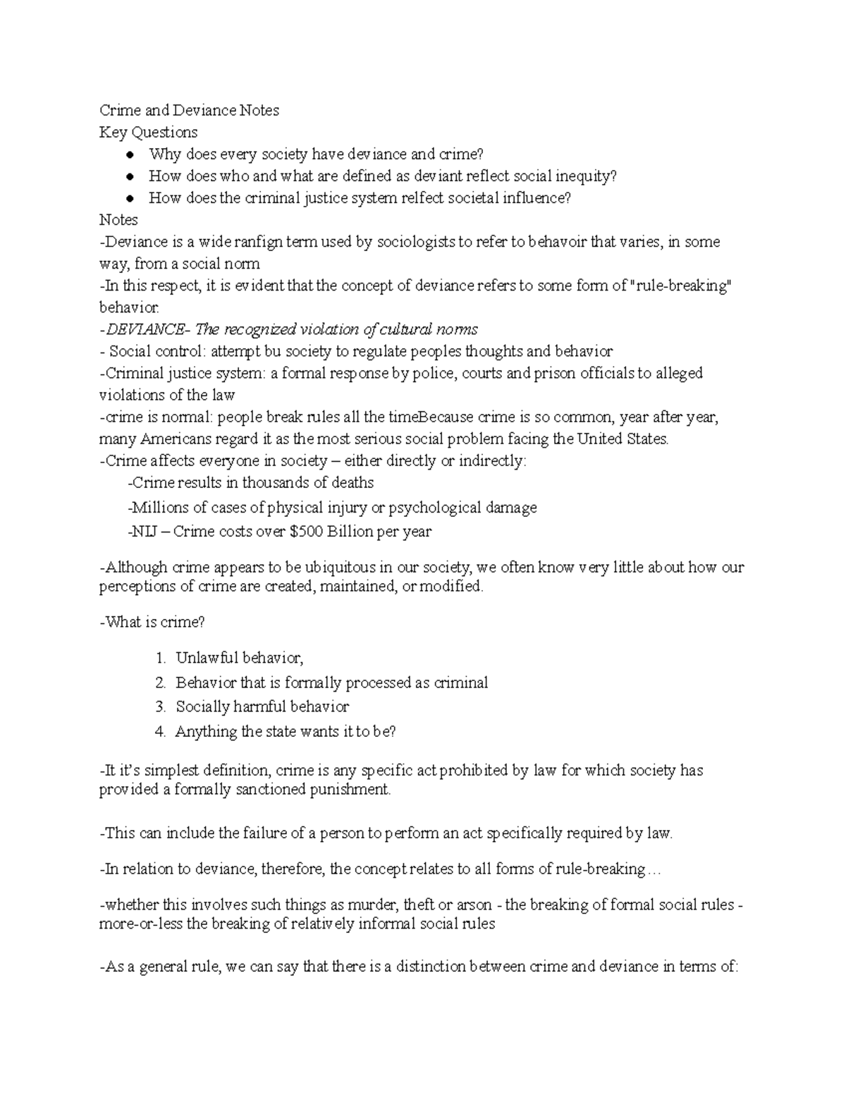 Crime and Deviance Notes SOC 101 - Crime and Deviance Notes Key ...