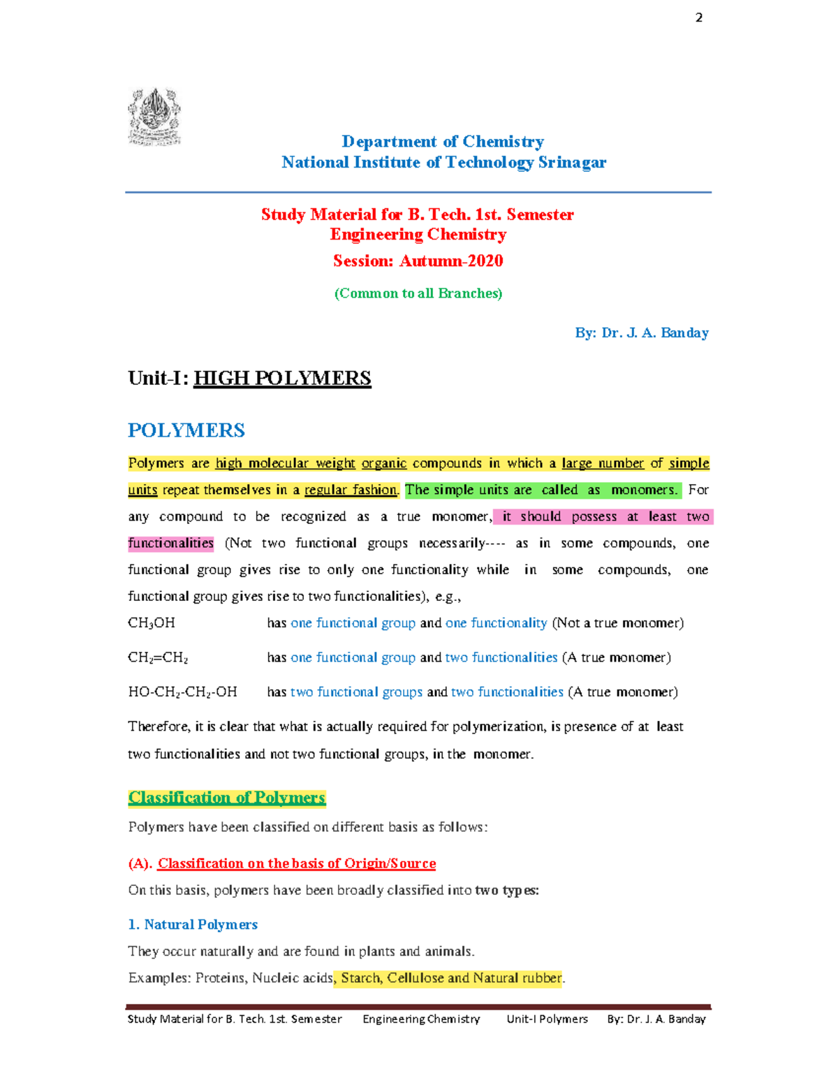 High Polymers - Department of Chemistry National Institute of Technology Srinagar Study Material ...