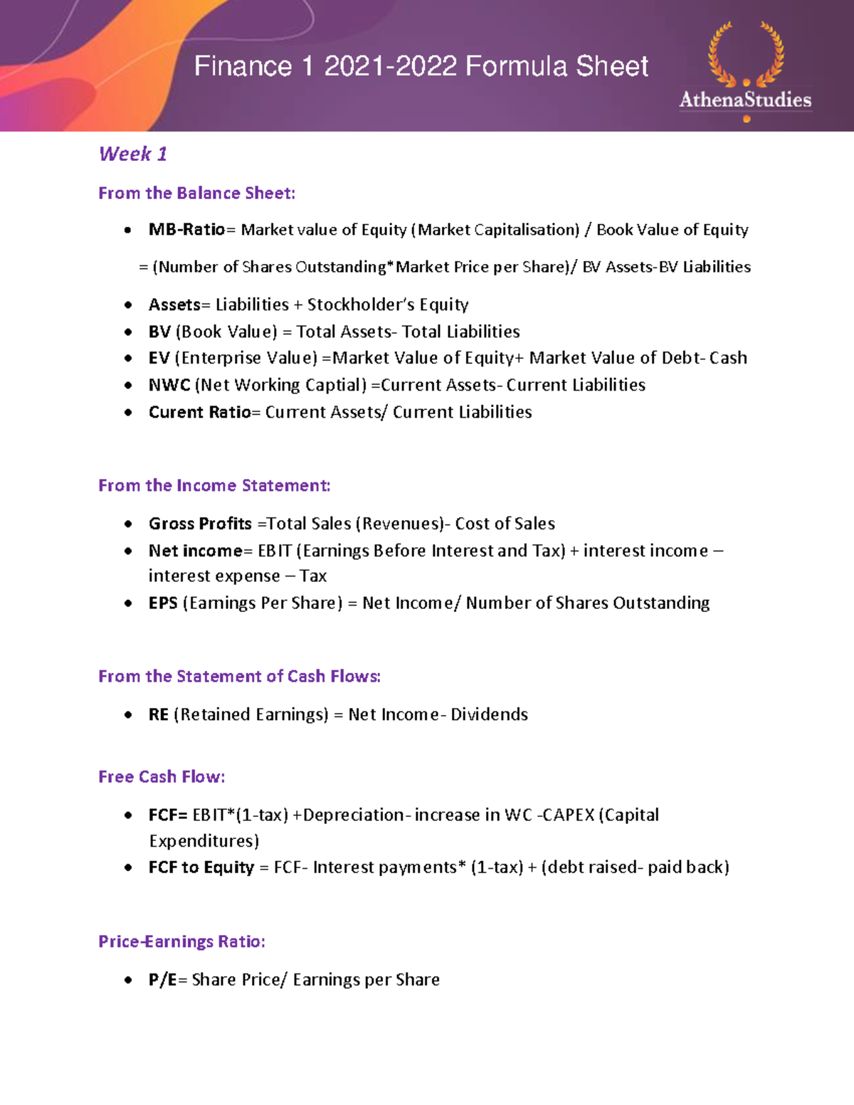 Finance formula sheet 1 - Week 1 From the Balance Sheet: MB-Ratio ...