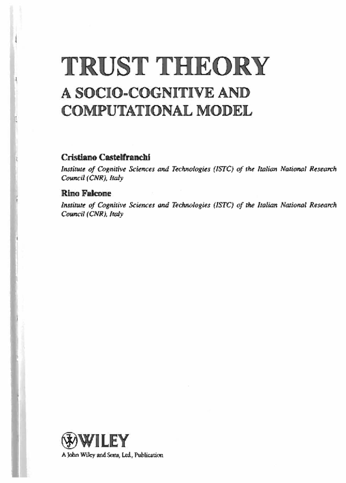 Cap I Trust Theory Definitions of Trust Castelfranchi Falcone ...