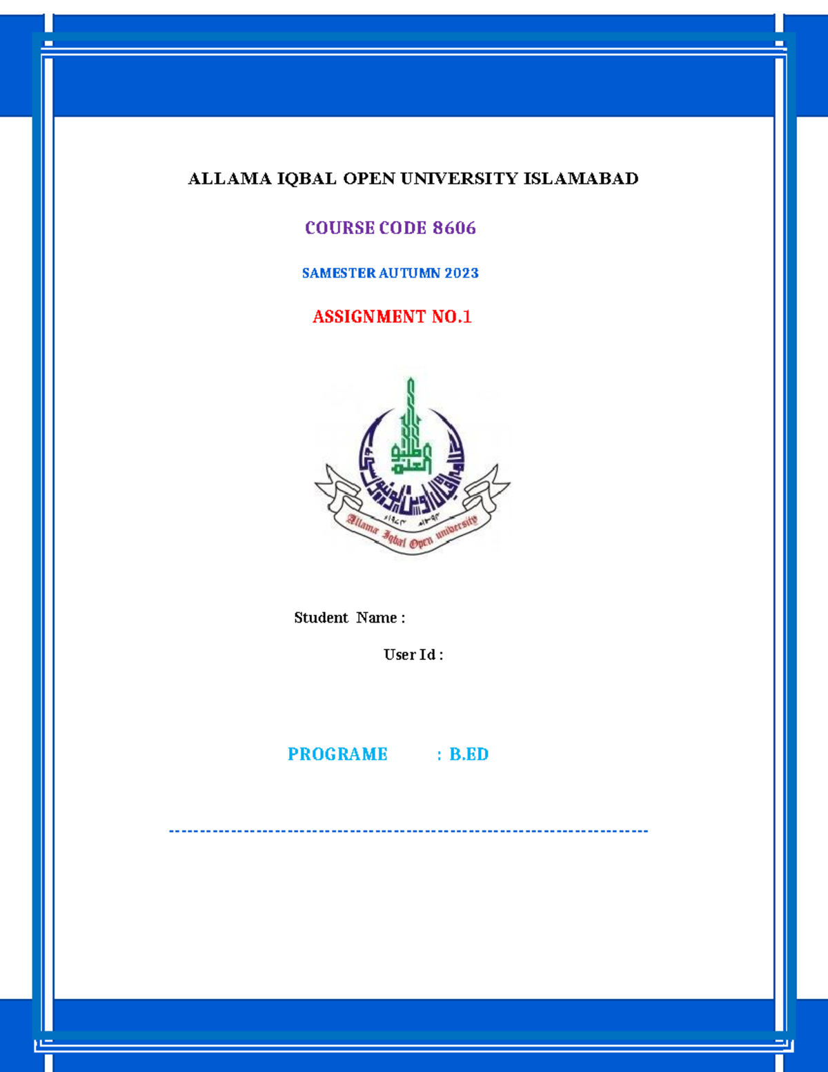 (8606-1) - ALLAMA IQBAL OPEN UNIVERSITY ISLAMABAD COURSE CODE 8606 SAMESTER AUTUMN 2023 ...