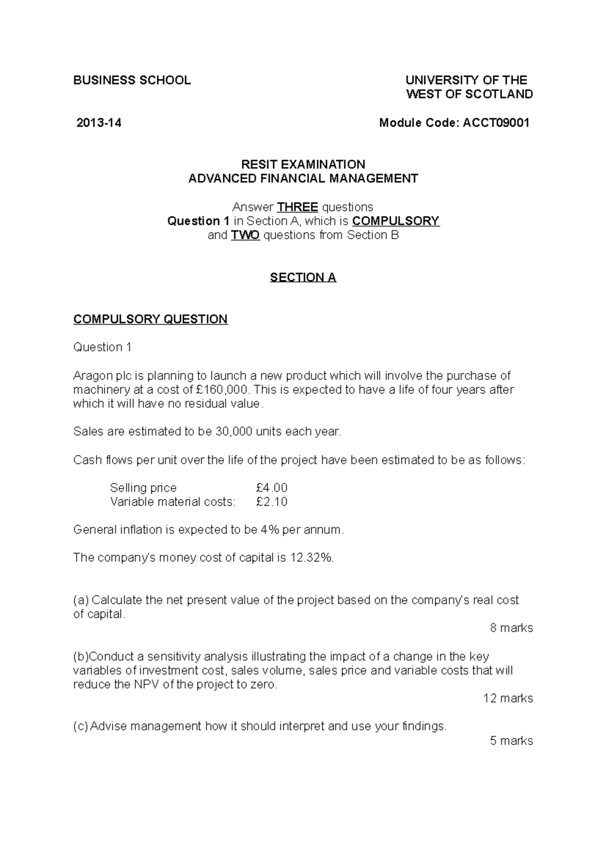 RESIT Exam 2014, questions - BUSINESS SCHOOL UNIVERSITY OF THE WEST OF ...