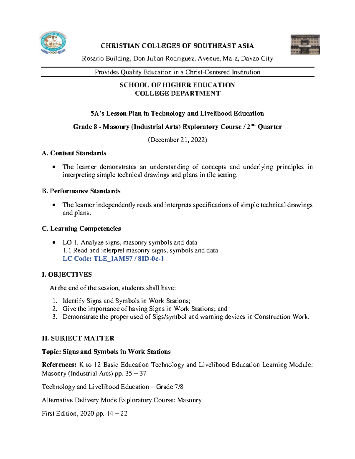 5A’s Lesson Plan in Technology and Livelihood Education - CHRISTIAN ...