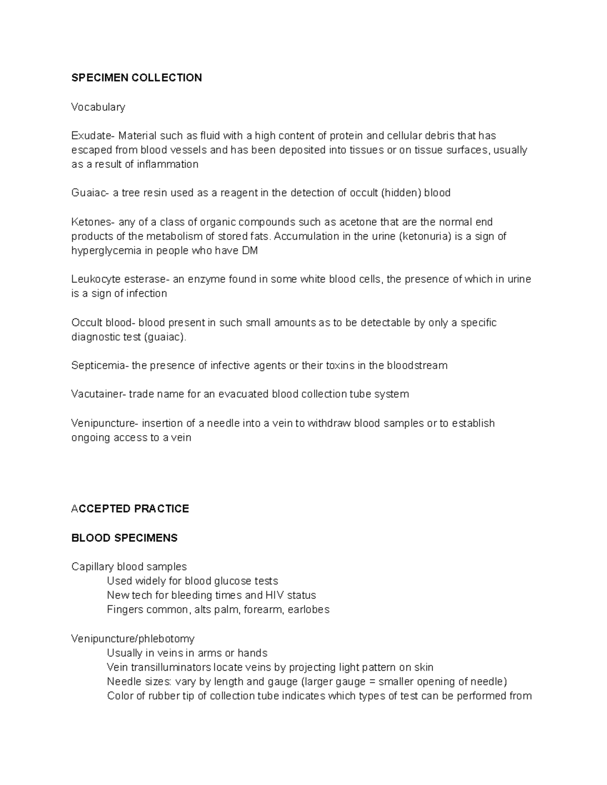 Specimen Collection - Kronfeld - SPECIMEN COLLECTION Vocabulary Exudate ...