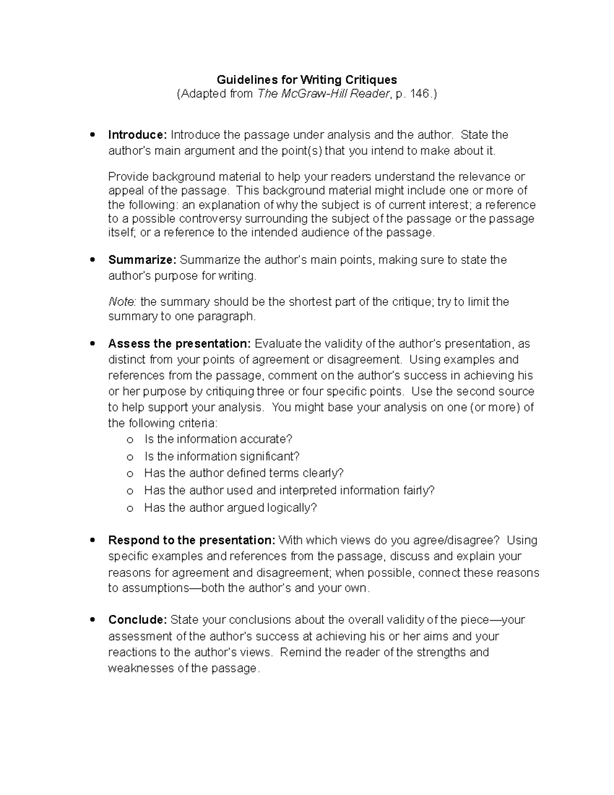 Guidelines for Writing Critiques - Guidelines for Writing Critiques ...