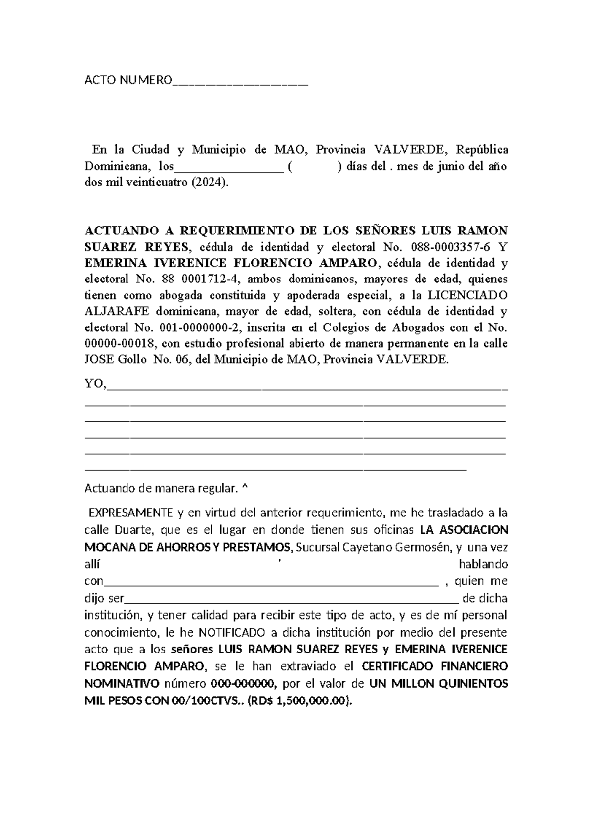 Perdida DE Certificado Financiero - ACTO NUMERO ...