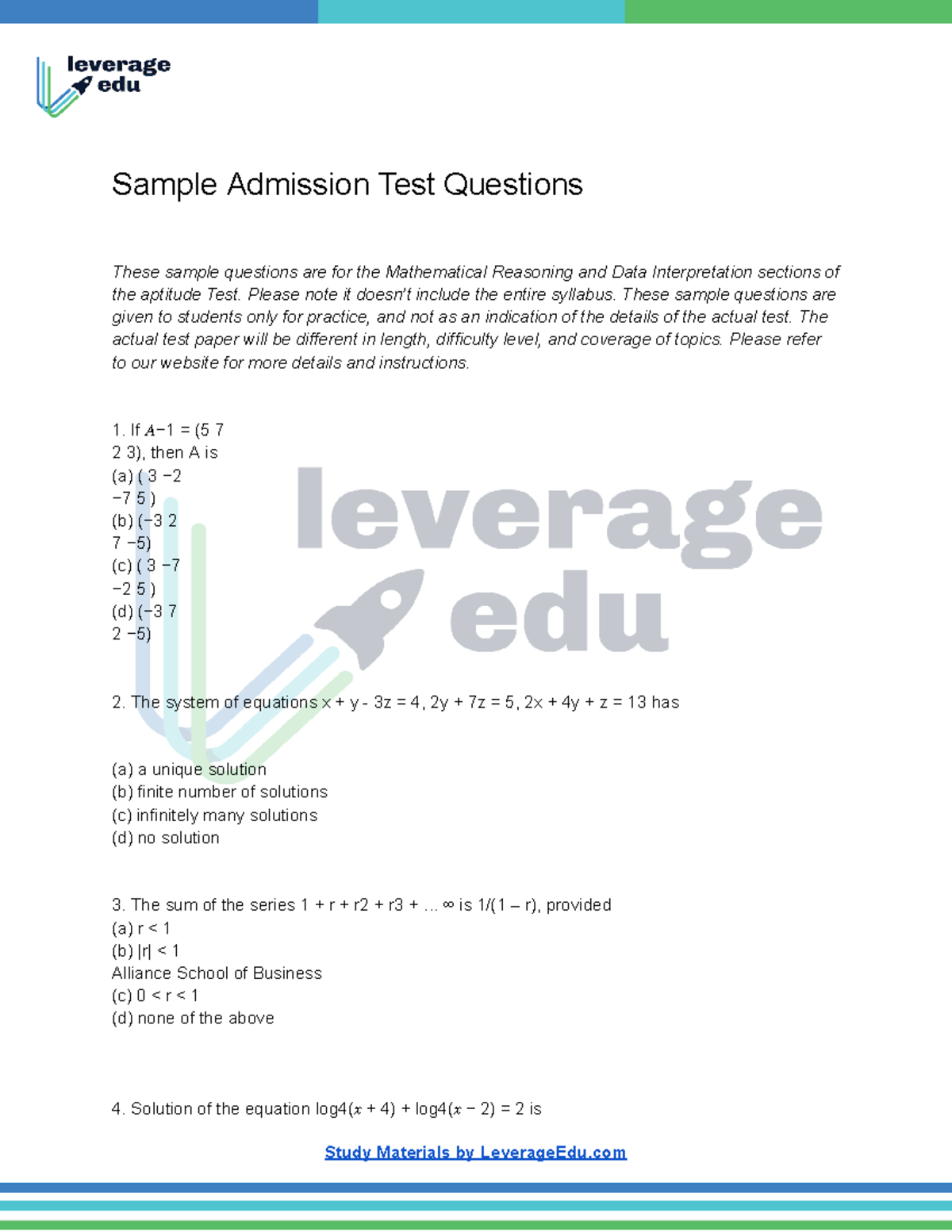 Alliance AMAT Sample Paper 1 - Sample Admission Test Questions These ...