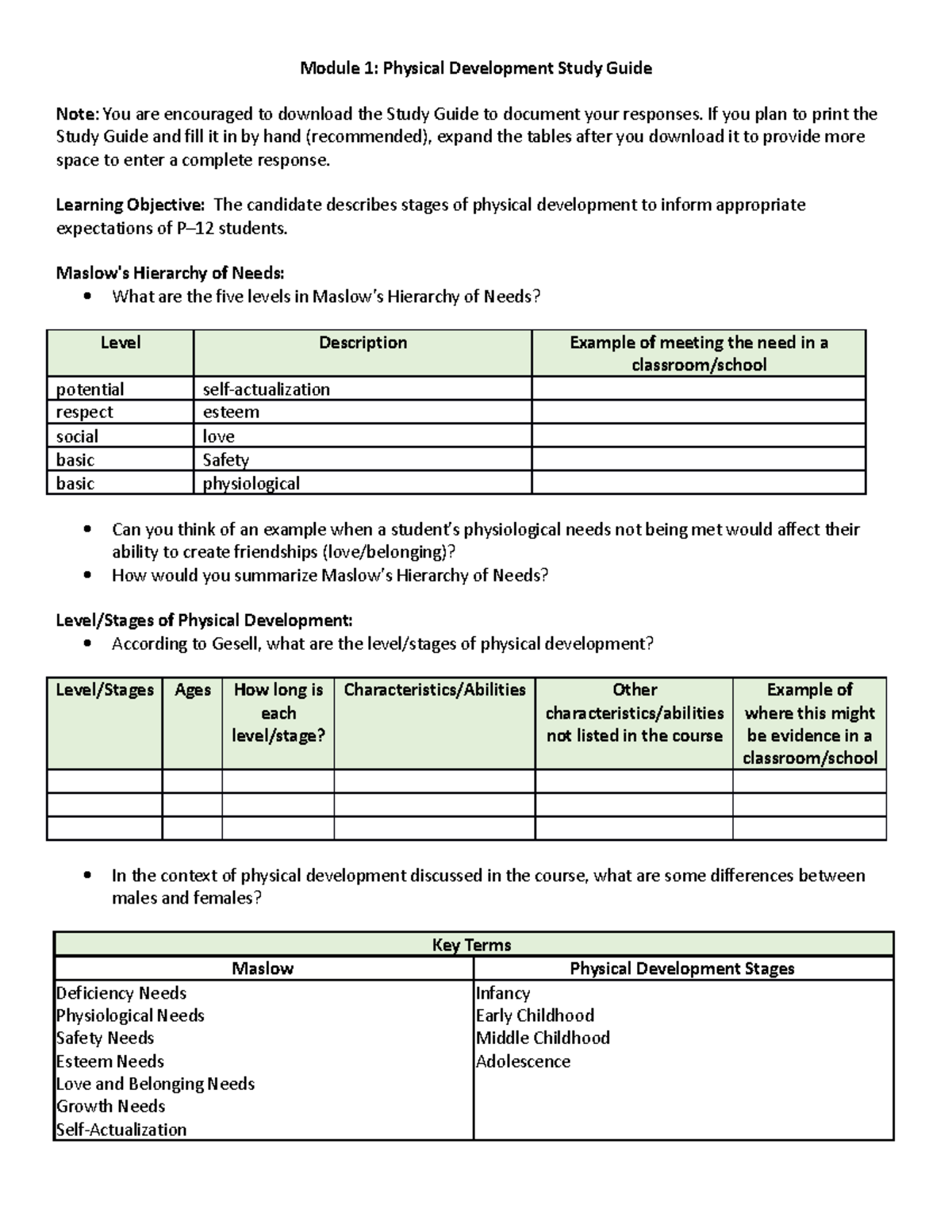 D094 d307 m1 study guide - Module 1: Physical Development Study Guide Note: You are encouraged ...