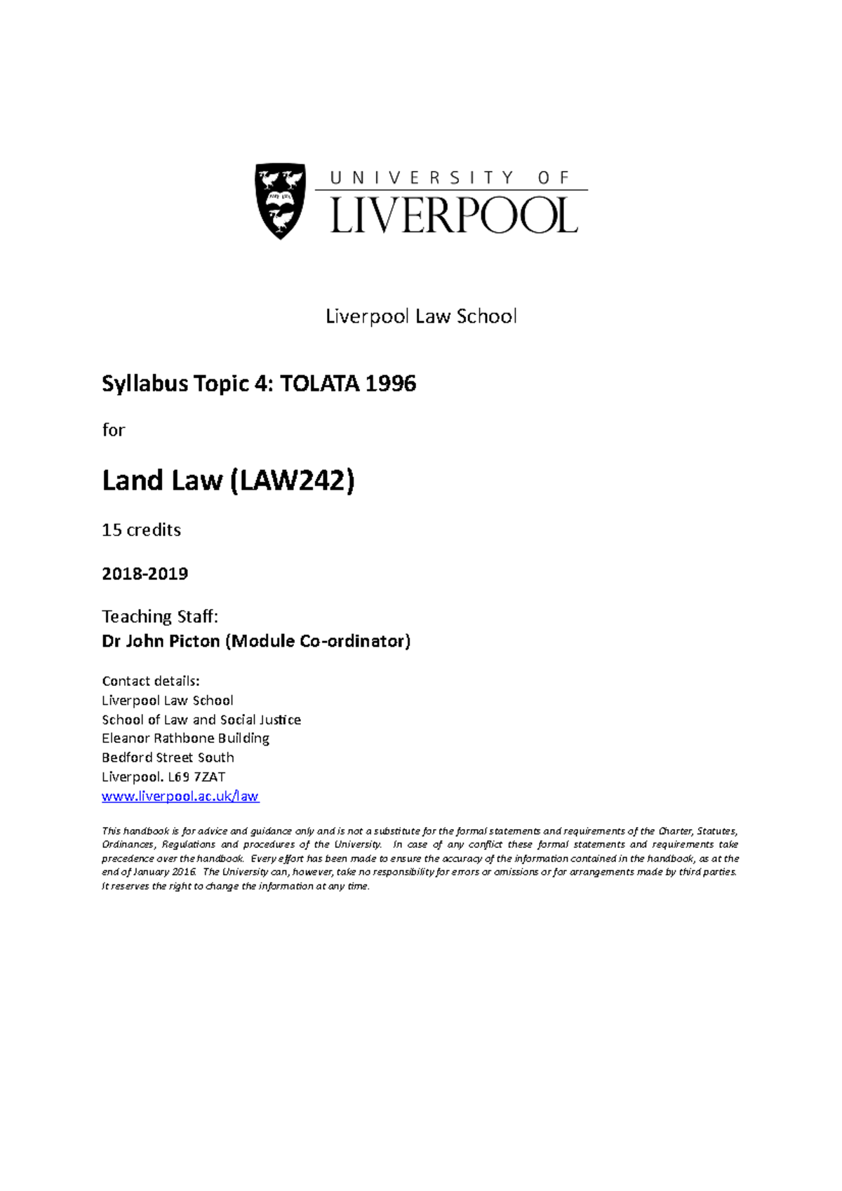 Tolata exam revision - Liverpool Law School Syllabus Topic 4: TOLATA ...