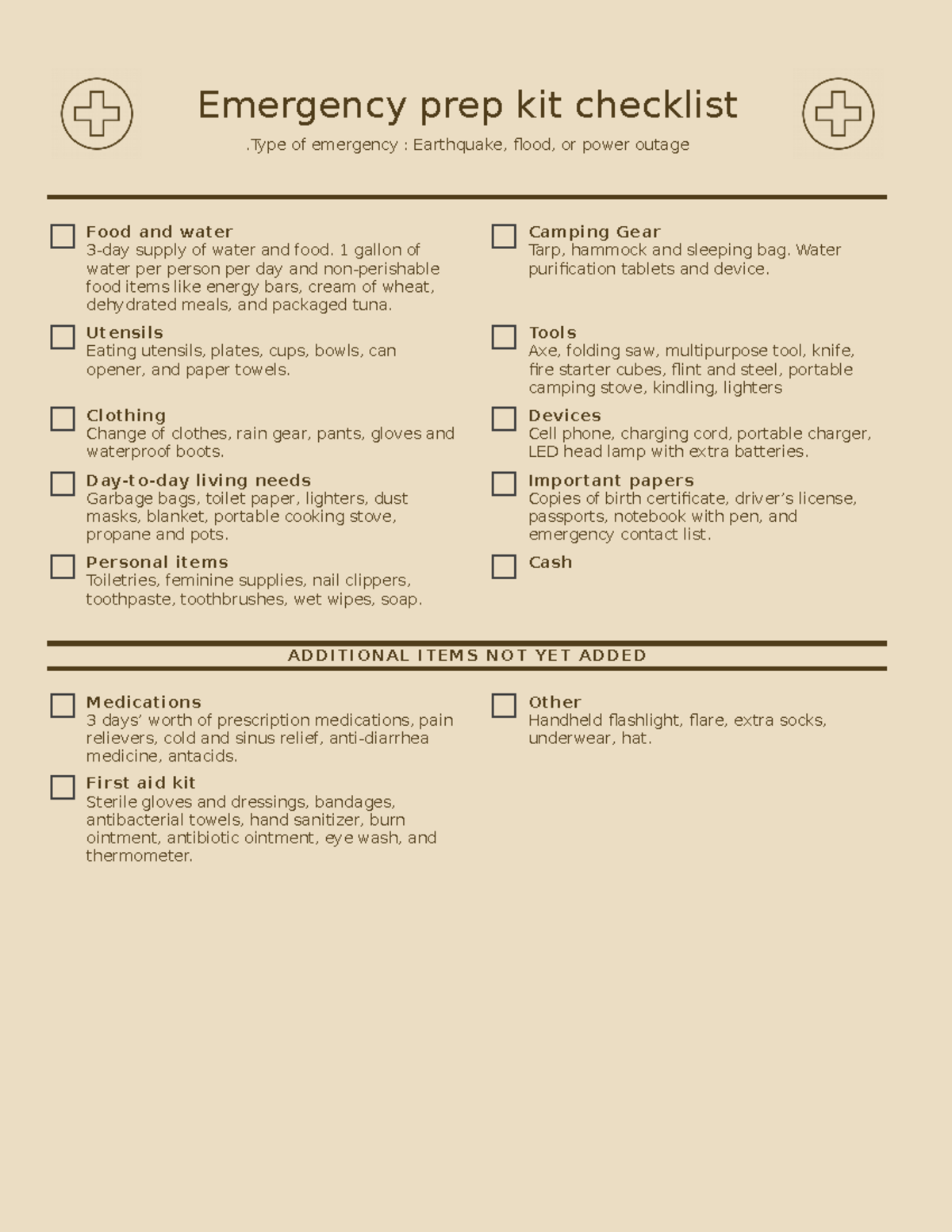 Emergency prep kit checklist - Type of emergency : Earthquake, flood ...