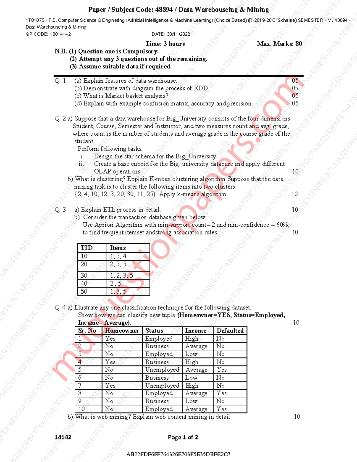 Dwm Question papers - 14142 Page 1 of 2 Time: 3 hours Max. Marks: 80 N. (1) Question one is ...