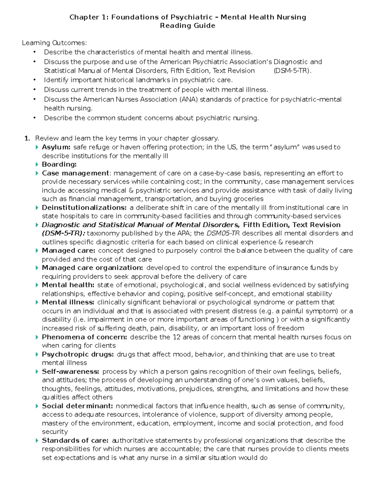 MH Chapter 1 reading guide - Chapter 1: Foundations of Psychiatric ...
