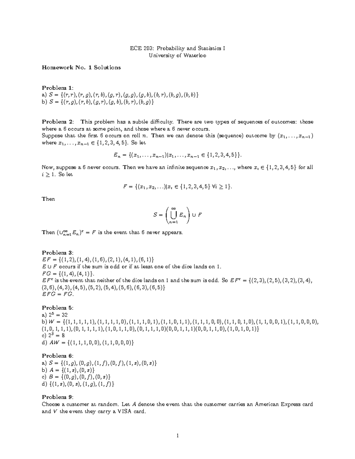 Homework 1 solution - ECE 203: Probability and Statistics I University ...