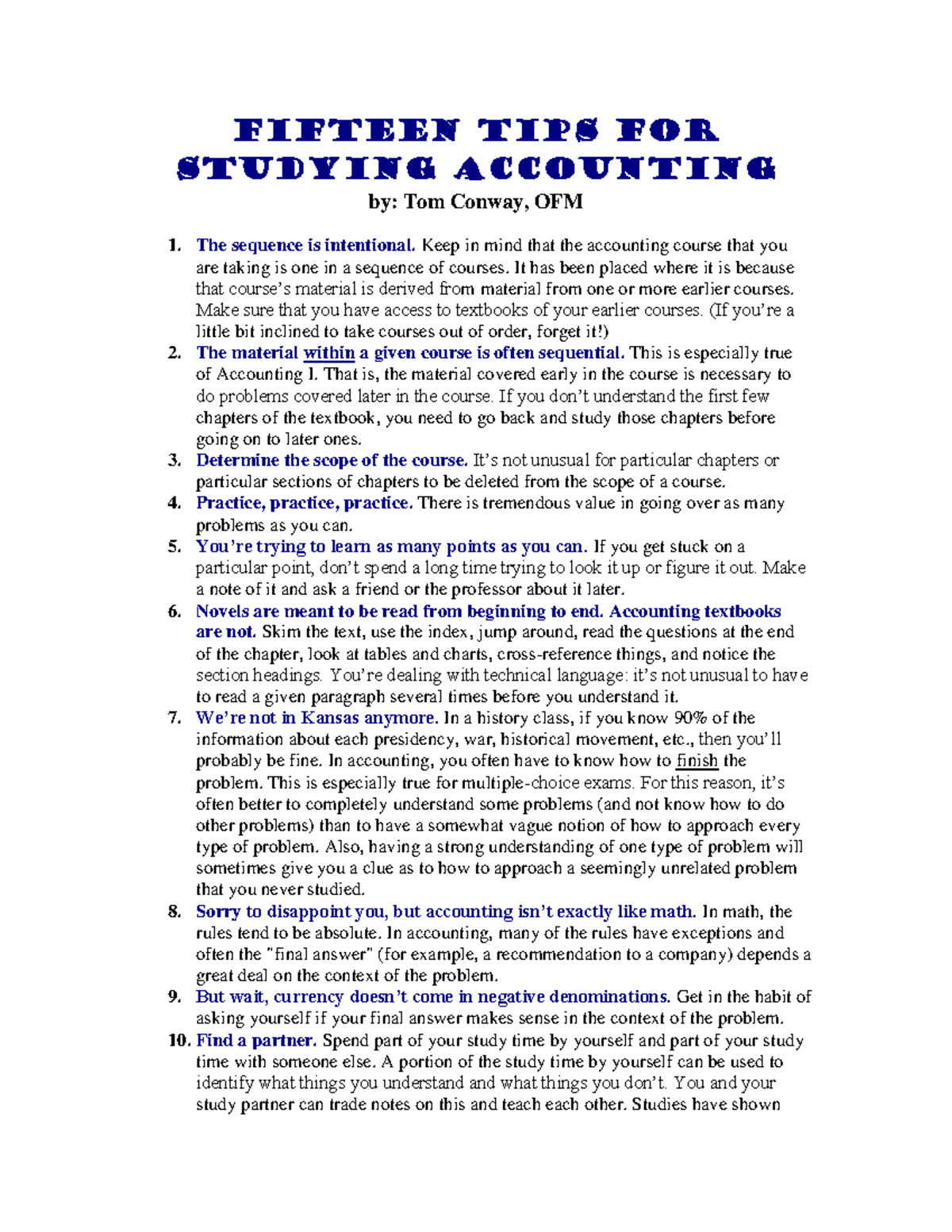 Subject-oriented study tips - Fifteen Tips for Studying Accounting by ...