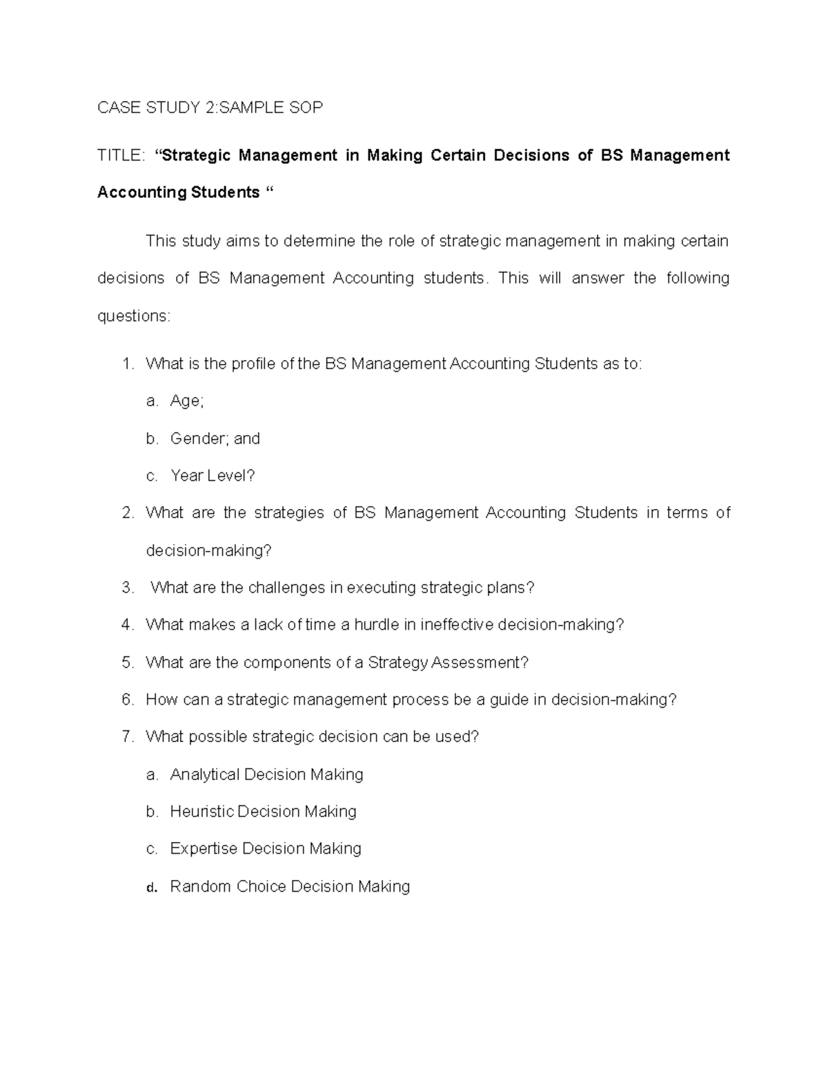 CASE- Study book for review - CASE STUDY 2:SAMPLE SOP TITLE: “Strategic ...