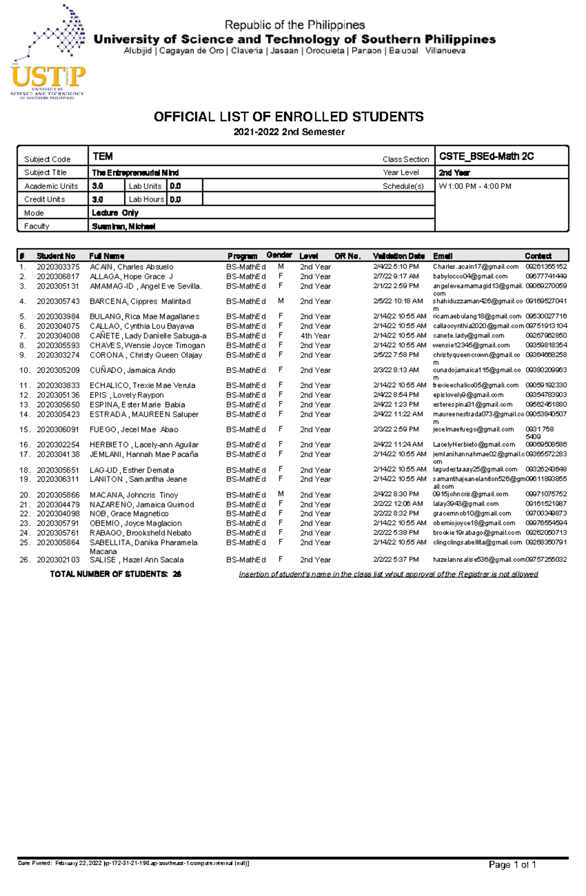 561638640 CSTE BSEd Math - 2021-2022 2nd Semester OFFICIAL LIST OF ENROLLED STUDENTS Subject ...