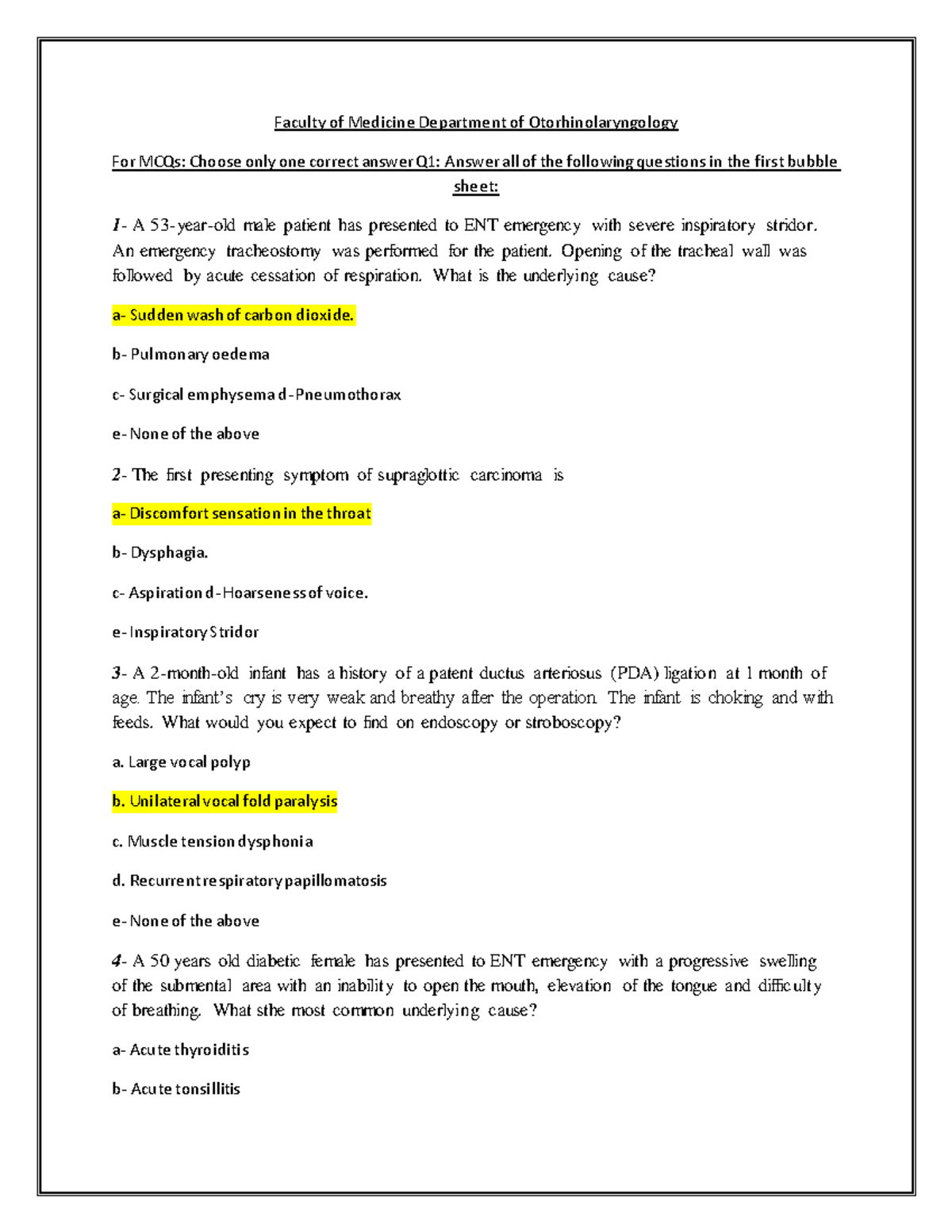 Ear nose throat questions - Faculty of Medicine Department of ...