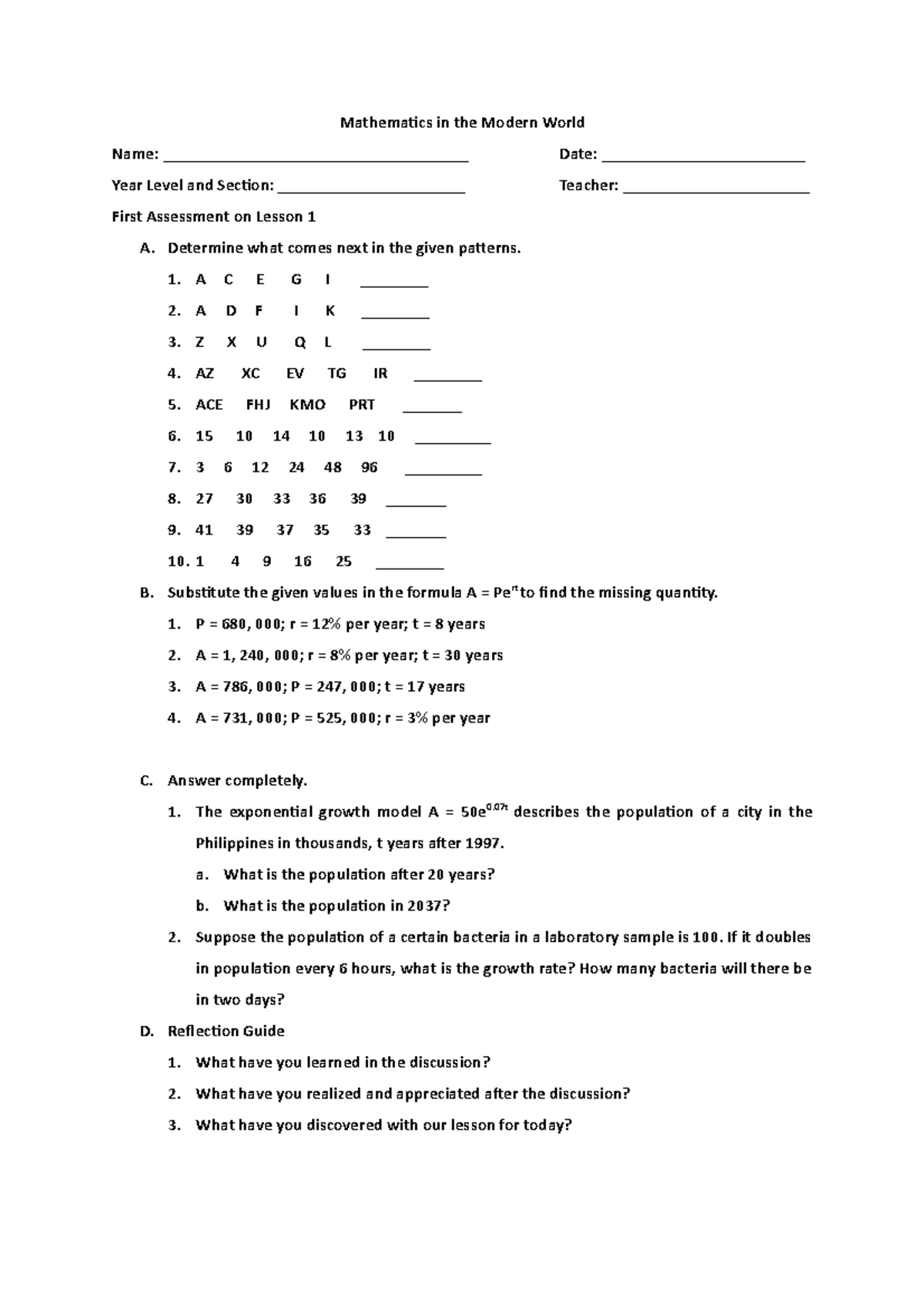 First Assessment on Lesson 1 - Mathematics in the Modern World Name ...