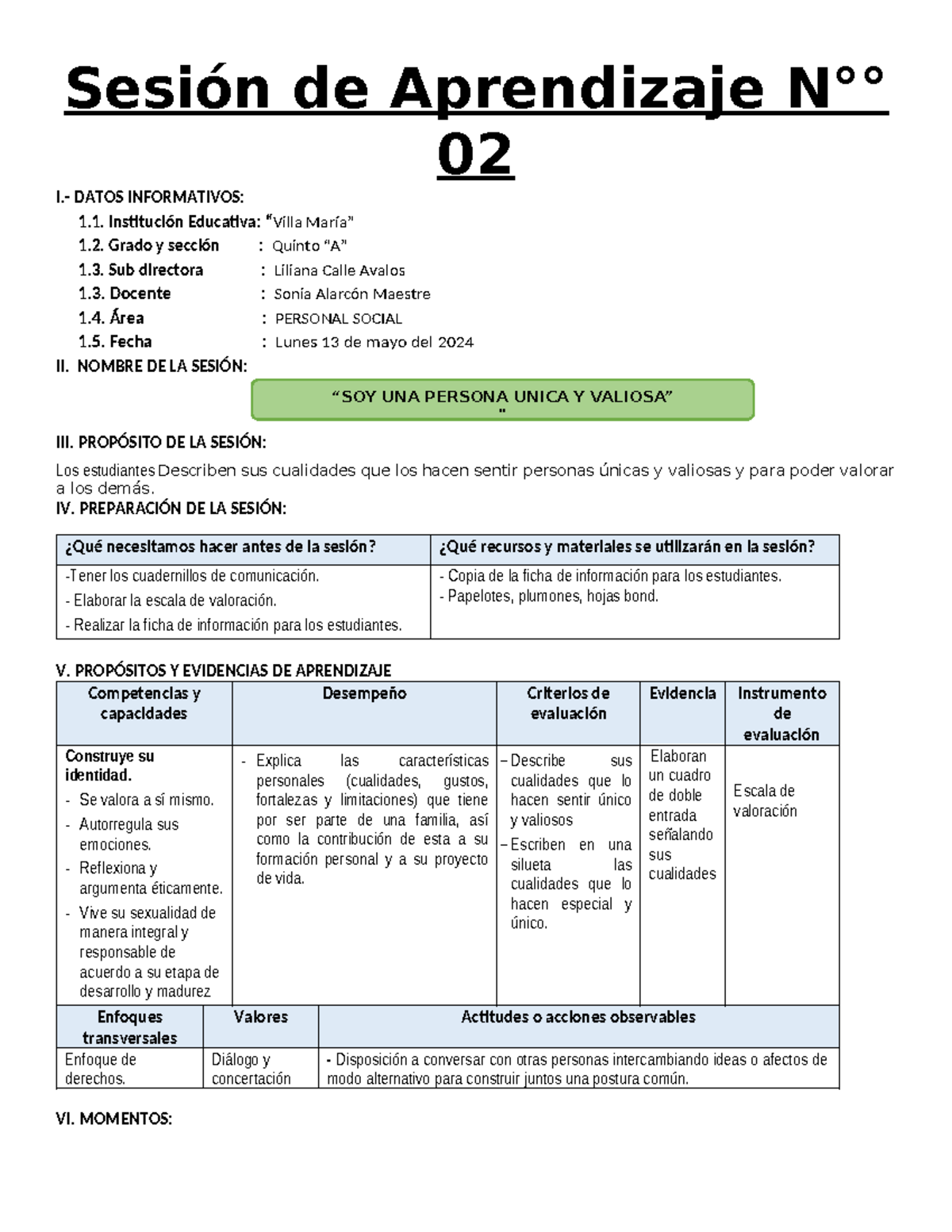 Sesion P 02 Somos Unicos Y Valiosos - Sesión de Aprendizaje N°° 02 I.- DATOS INFORMATIVOS: 1 ...