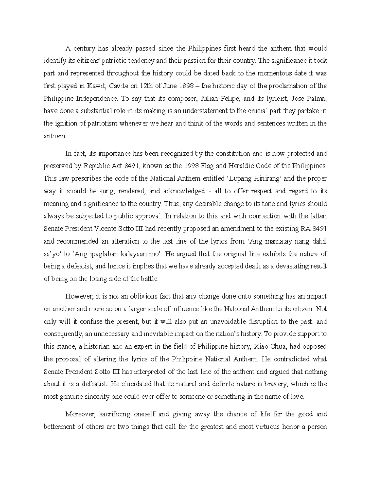 About the National Anthem revision position paper - A century has ...