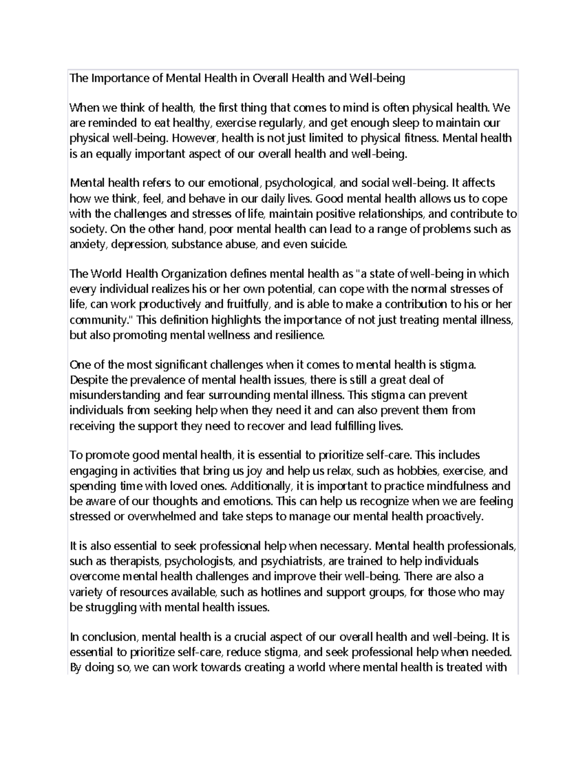 Doc2 - in class assignment - The Importance of Mental Health in Overall ...